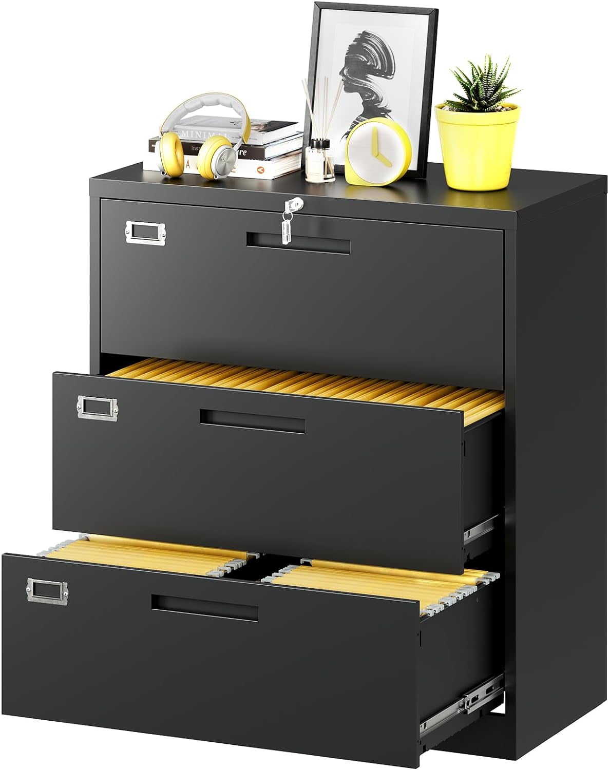 YouLLin Lateral File Cabinet with Lock, 3 Drawer Large Metal Filing ...