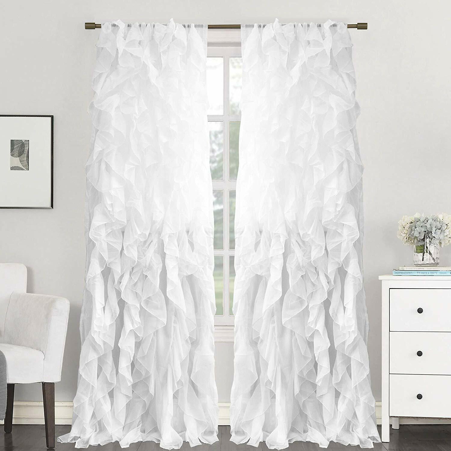 YouLoveIt 2pc Ruffled Curtain Panel Cascade Shabby Chic Sheer Vertical ...