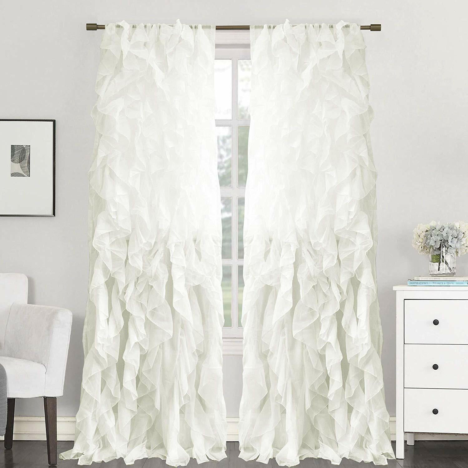 YouLoveIt 2pc Ruffled Curtain Panel Cascade Shabby Chic Sheer Vertical ...