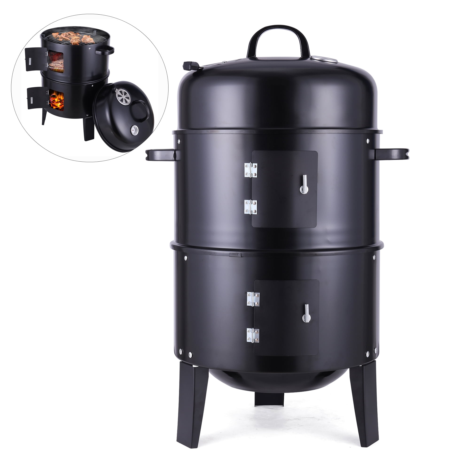 YouLoveIt 3-in-1 Portable Vertical Charcoal Smoker Grill Round BBQ ...