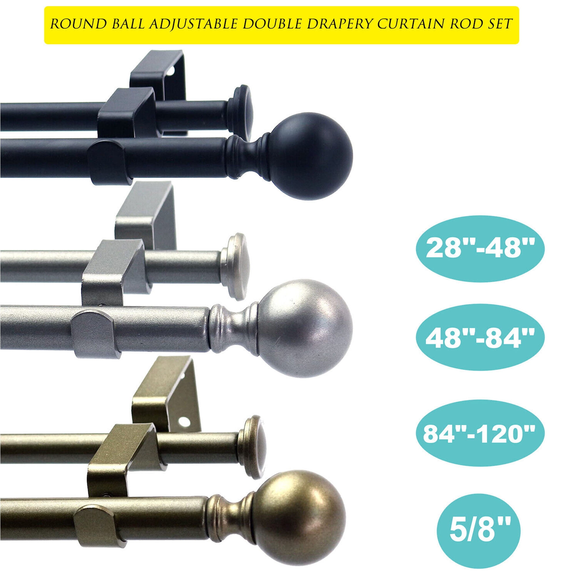 YouLoveIt Ball Adjustable Double Drapery Curtain Rod Set, Classic Window Treatment Curtain Rod ...