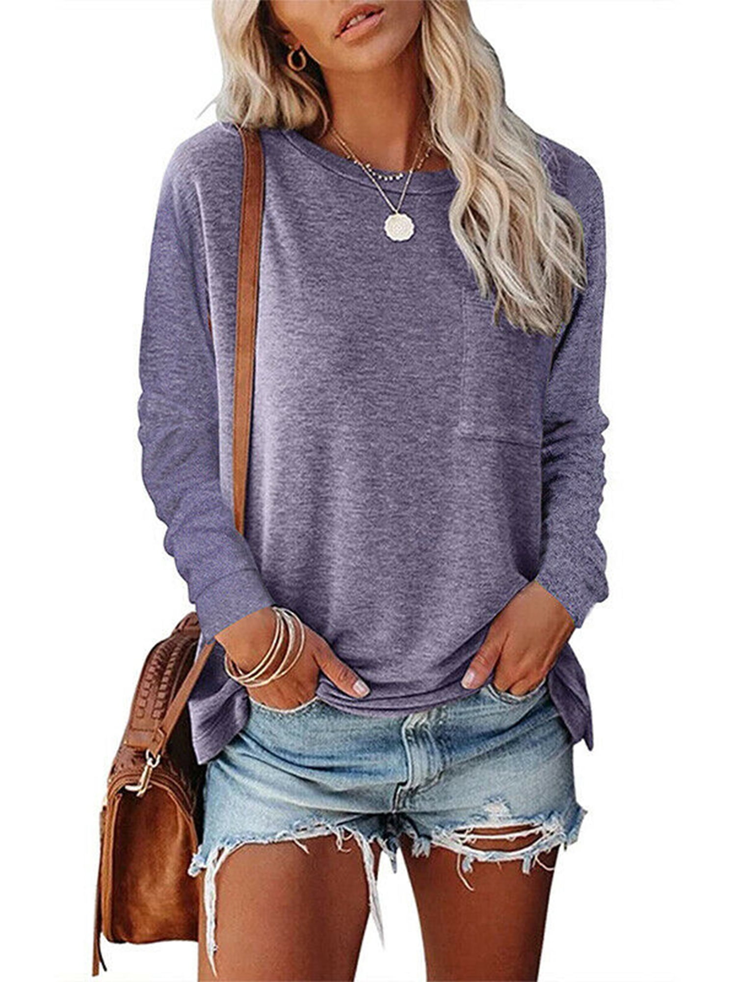 YouLoveIt Women's Casual Round Neck Pullover Top Long Sleeve Tops ...