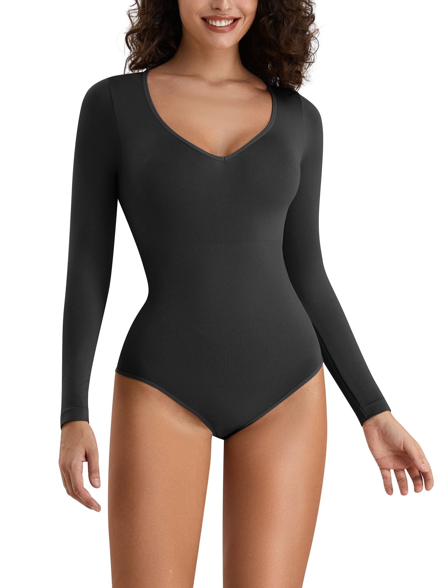 YouLoveIt Women's One Piece Shapewear V-Neck Long Sleevee Stretchy Basic Bodysuit Shirt V Neck ...