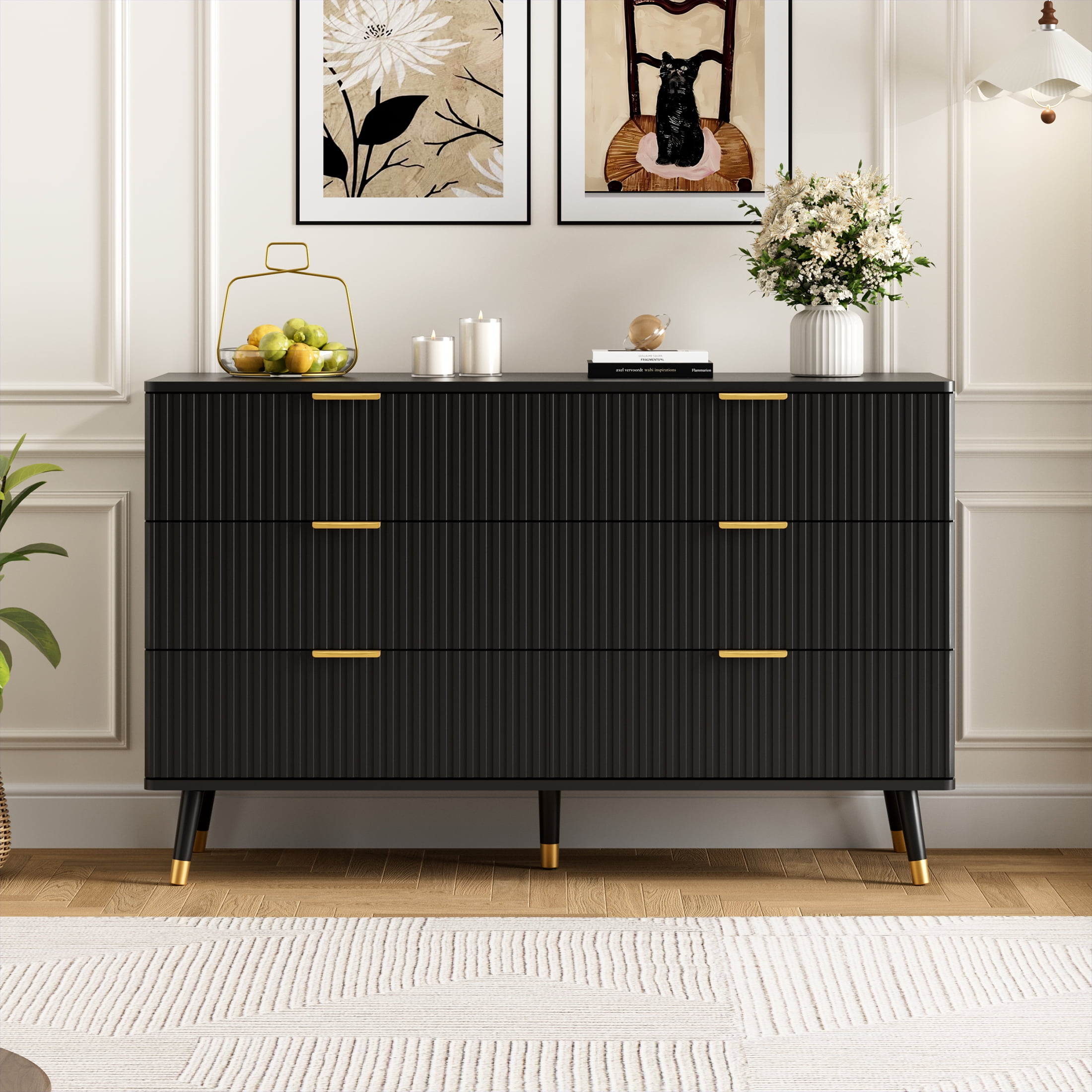 YouTrend 6 Drawer Dresser with Metal Handles Modern Fluted Wood Dresser ...