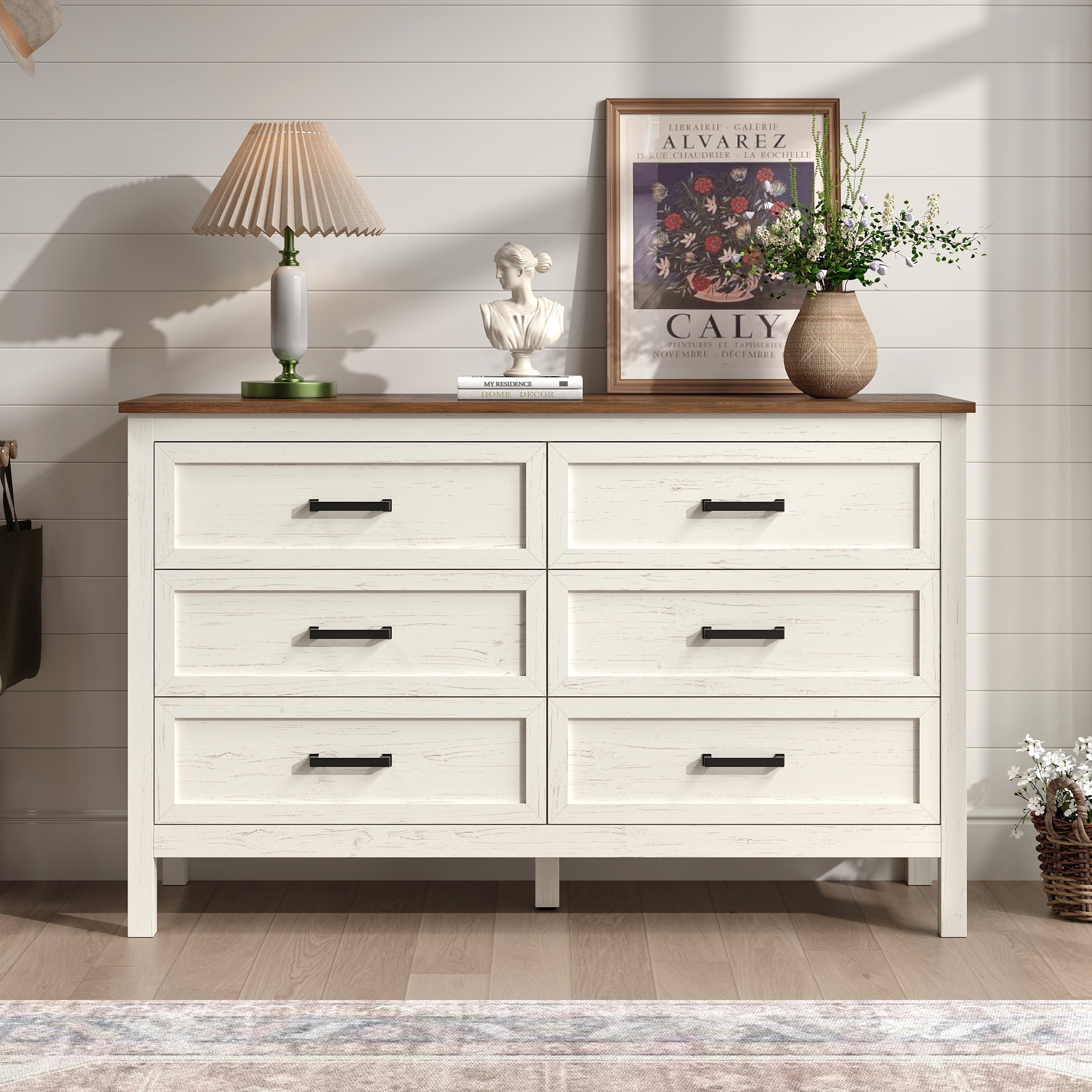 YouTrend 6 Drawer Farmhouse Dresser,Wood Adult Rustic Chest of Drawer ...