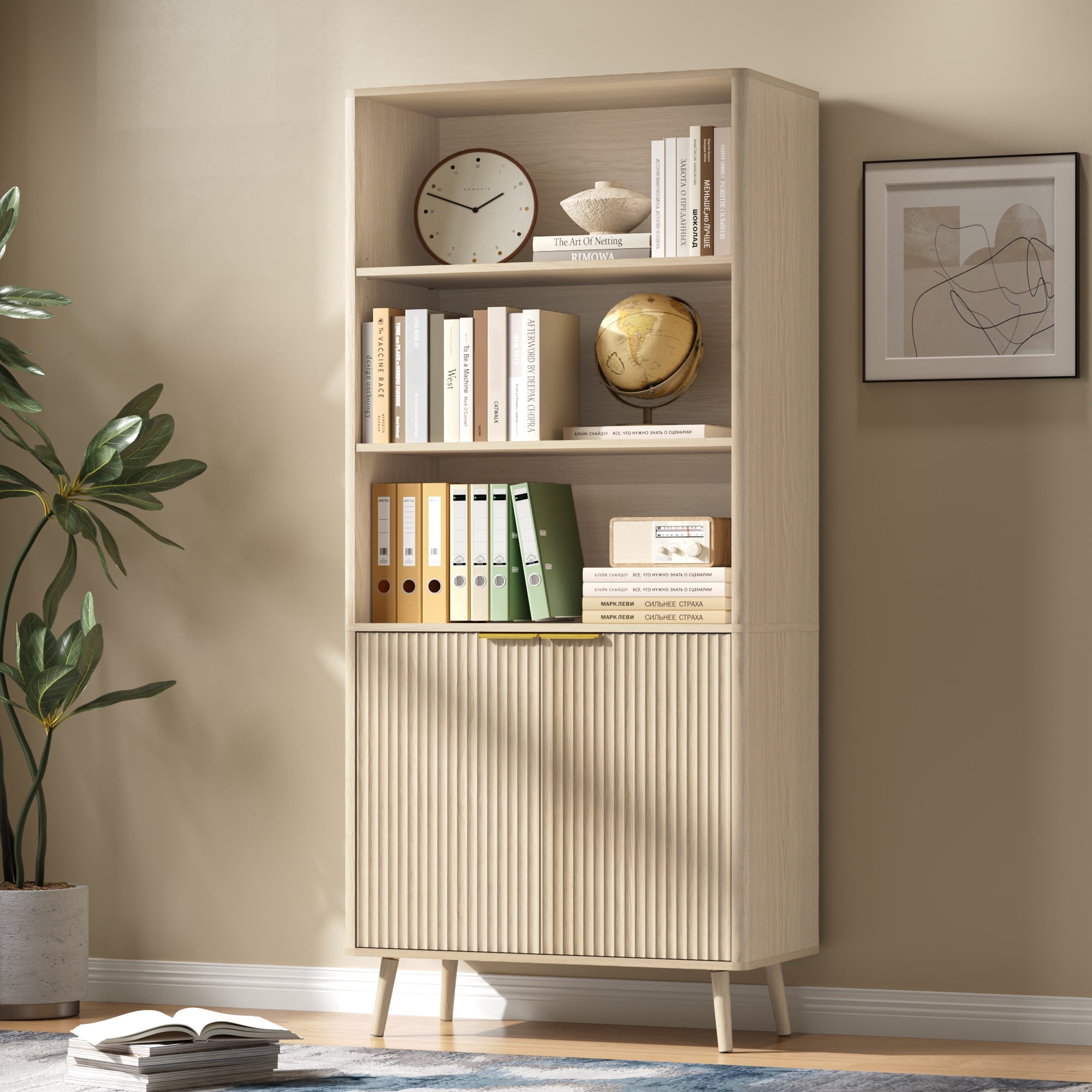 YouTrend 71" Tall Fluted Bookcase with Doors, Modern Storage Cabinet ...