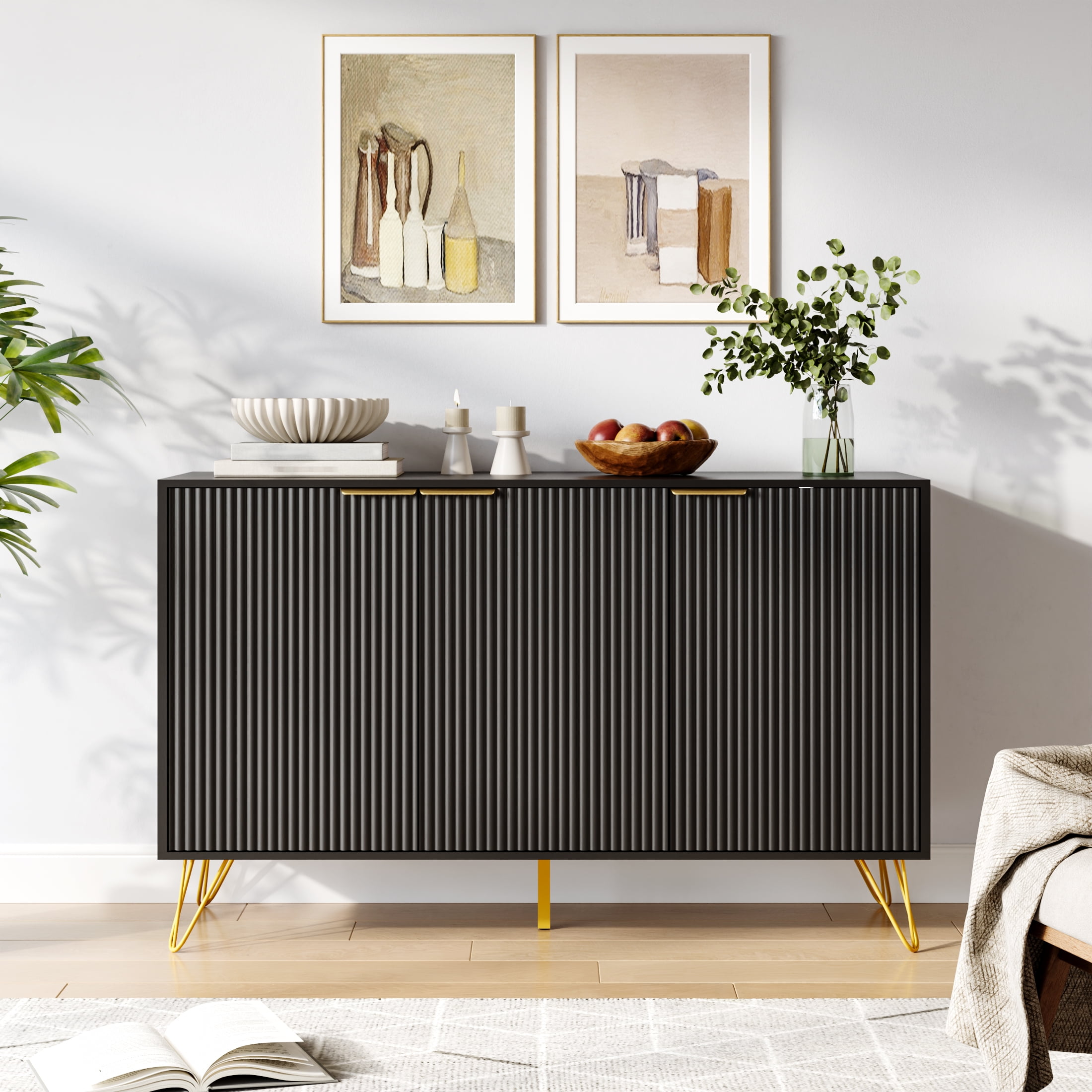 YouTrend Black Kitchen Sideboard,Fluted Modern Coffee Bar Storage ...