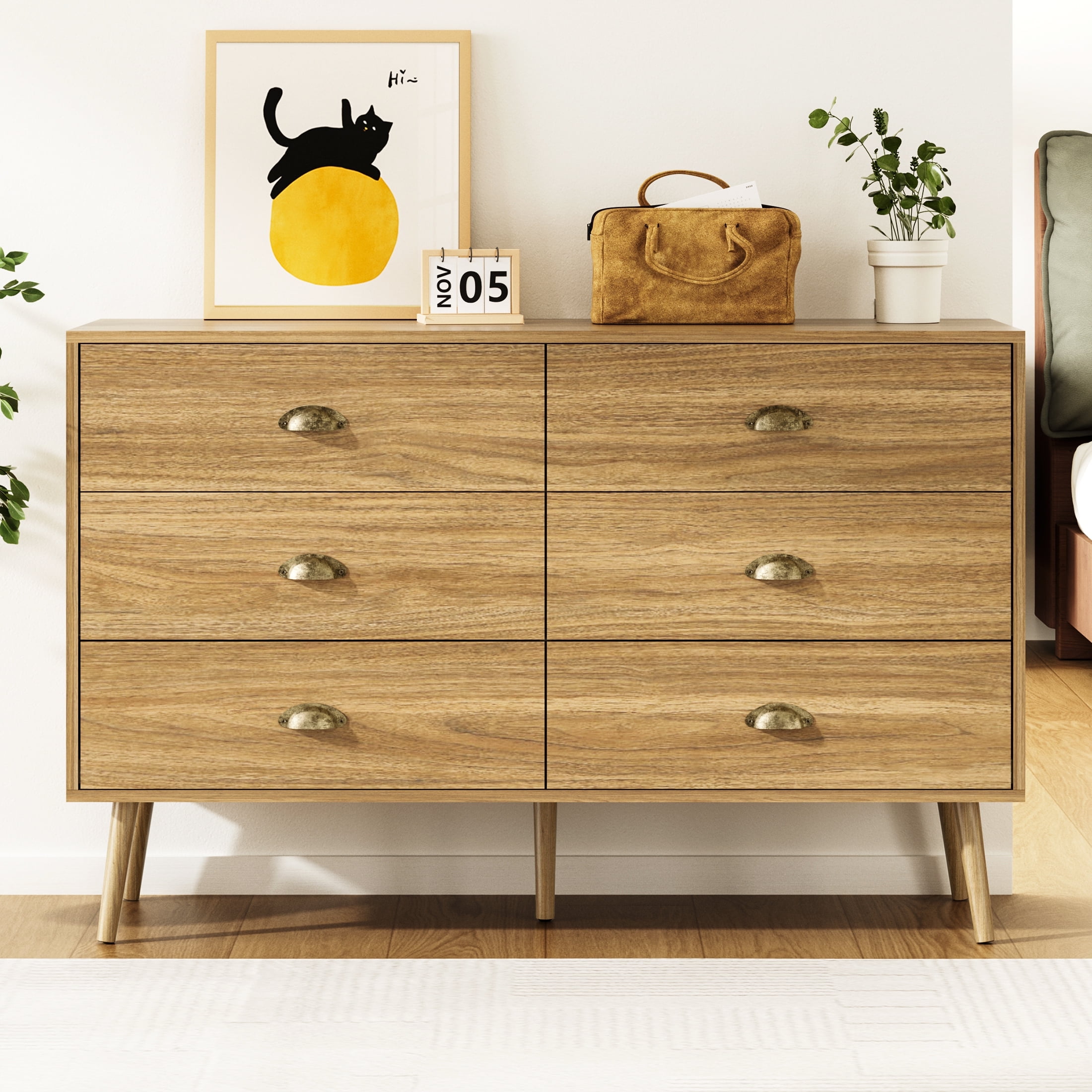 YouTrend Mid-Century 6 Drawer Dresser with Shell-Shape Handles,Wood ...