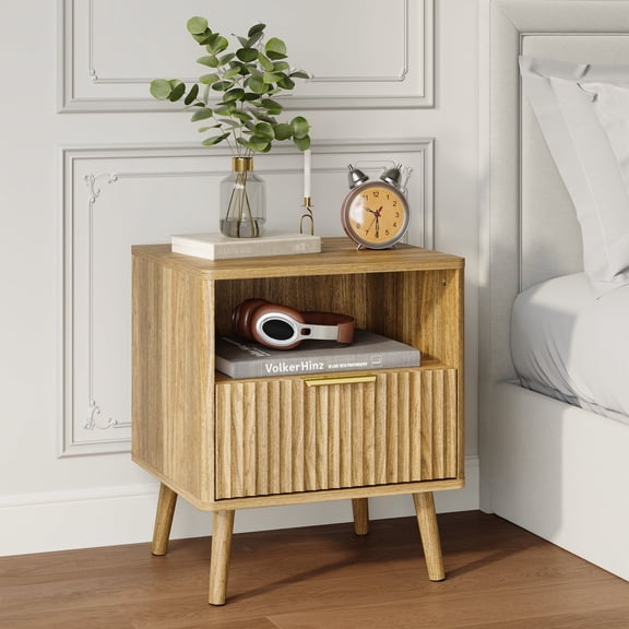 YouTrend Nightstand with Open Shelf,Beside Table with Fluted Design ...