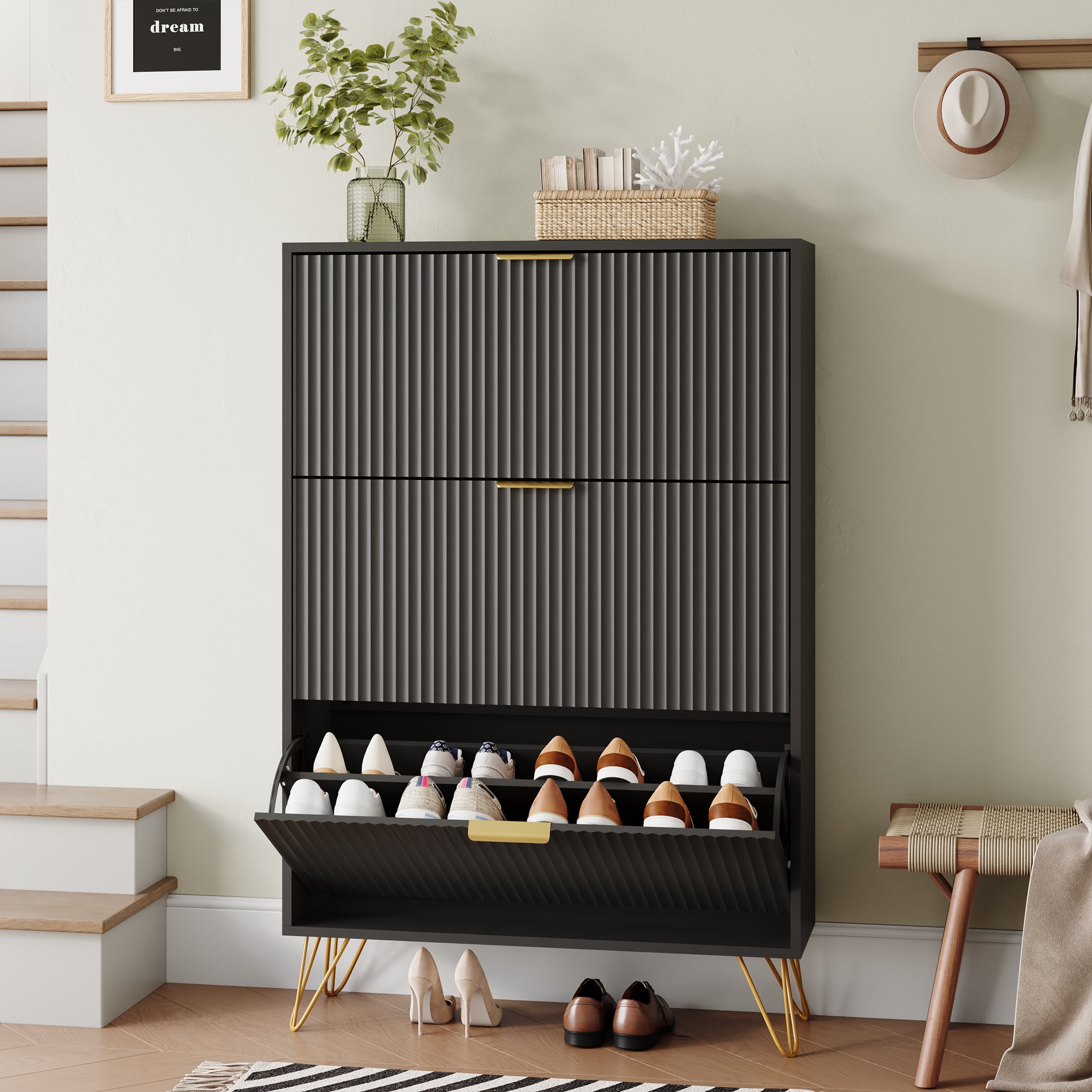 YouTrend Shoe Cabinet with 3 Flip Drawer,Fluted Wood Shoe Rack Storage ...
