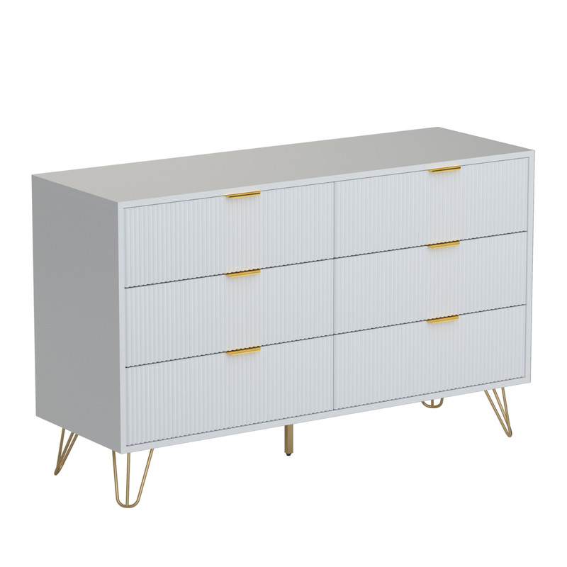 YouTrend White 6 Drawer Dresser with Fluted Wood and Metal Handles Legs ...