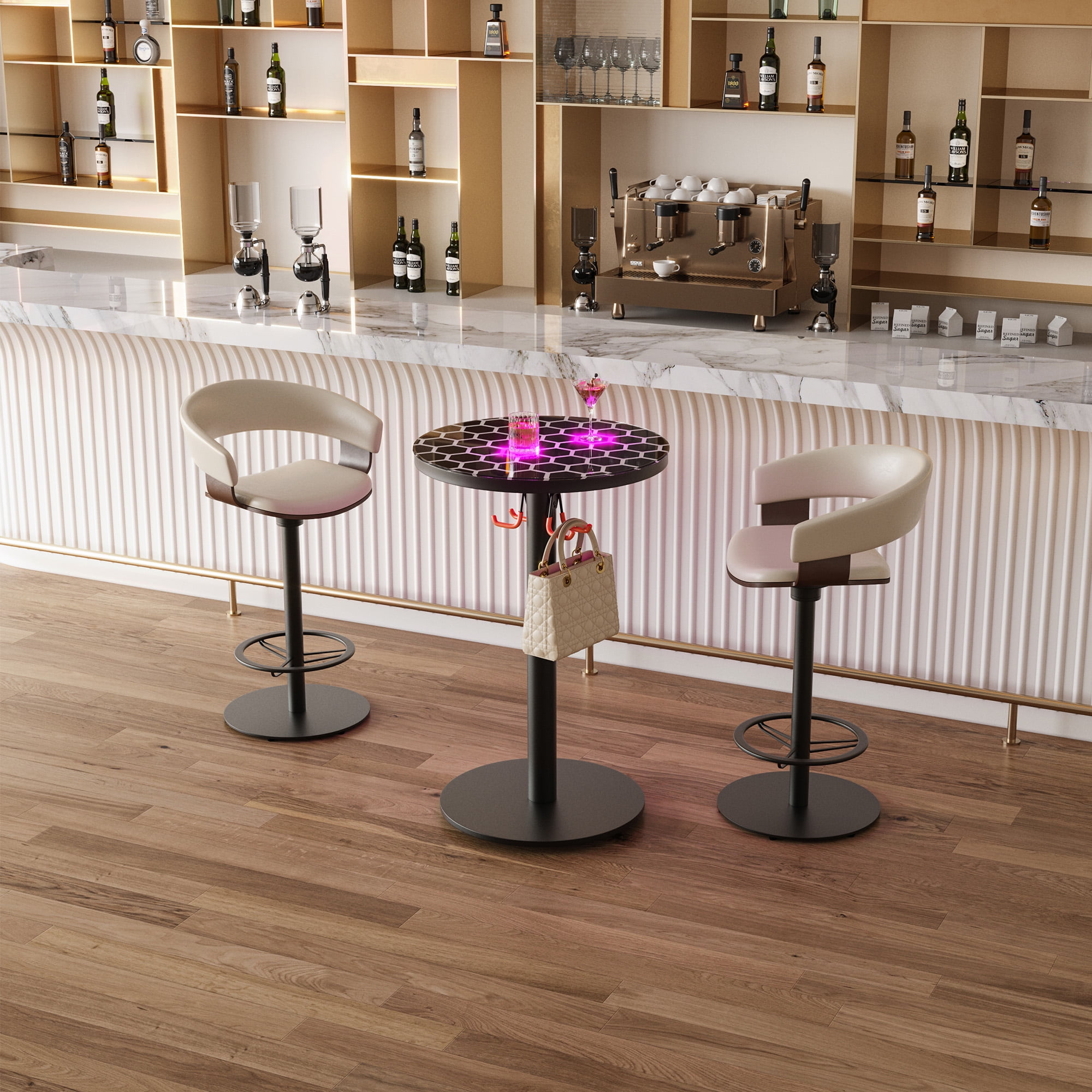 Youdao Modern Round Bar Table with Multi-Colored LED Lights, Glass Top ...