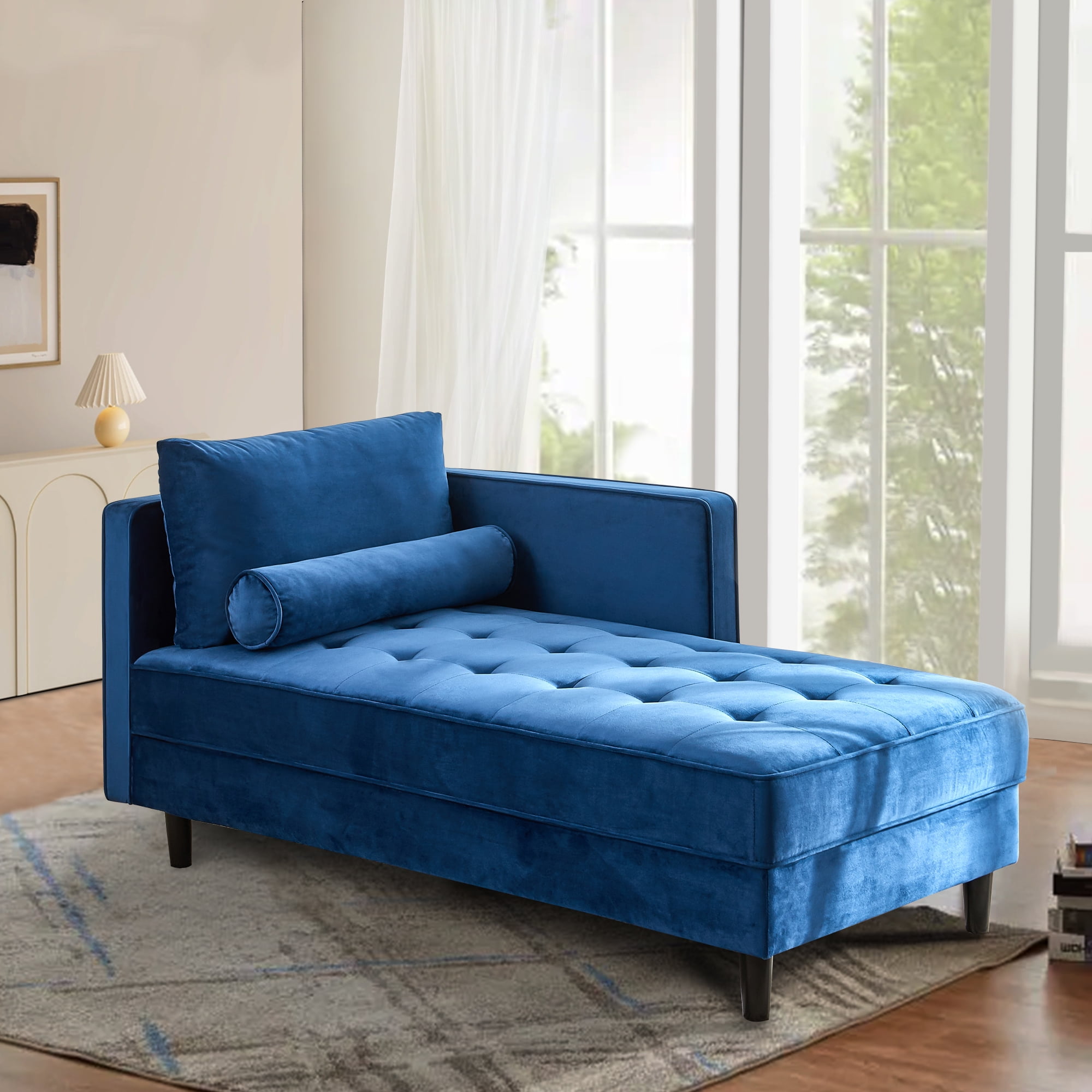Youdao Modern Velvet Chaise Lounge, Blue, Upholstered Couch with Pillow ...