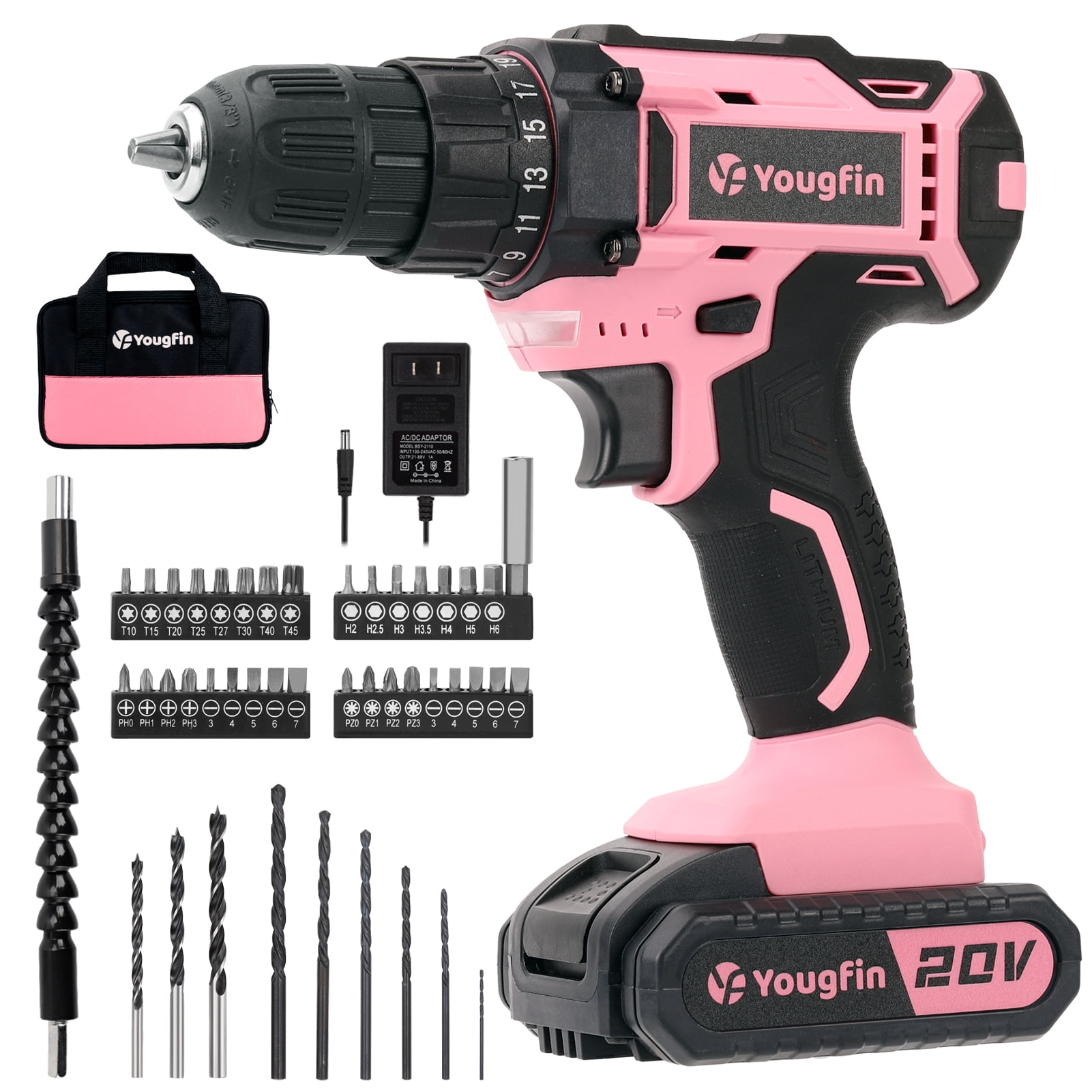 Yougfin Cordless Drill Set 20V Pink Kit - Walmart.com