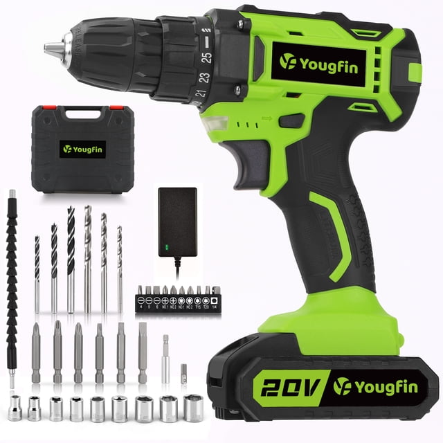 Yougfin Cordless Drill Set, 20V Power Drill Kit with Battery and ...