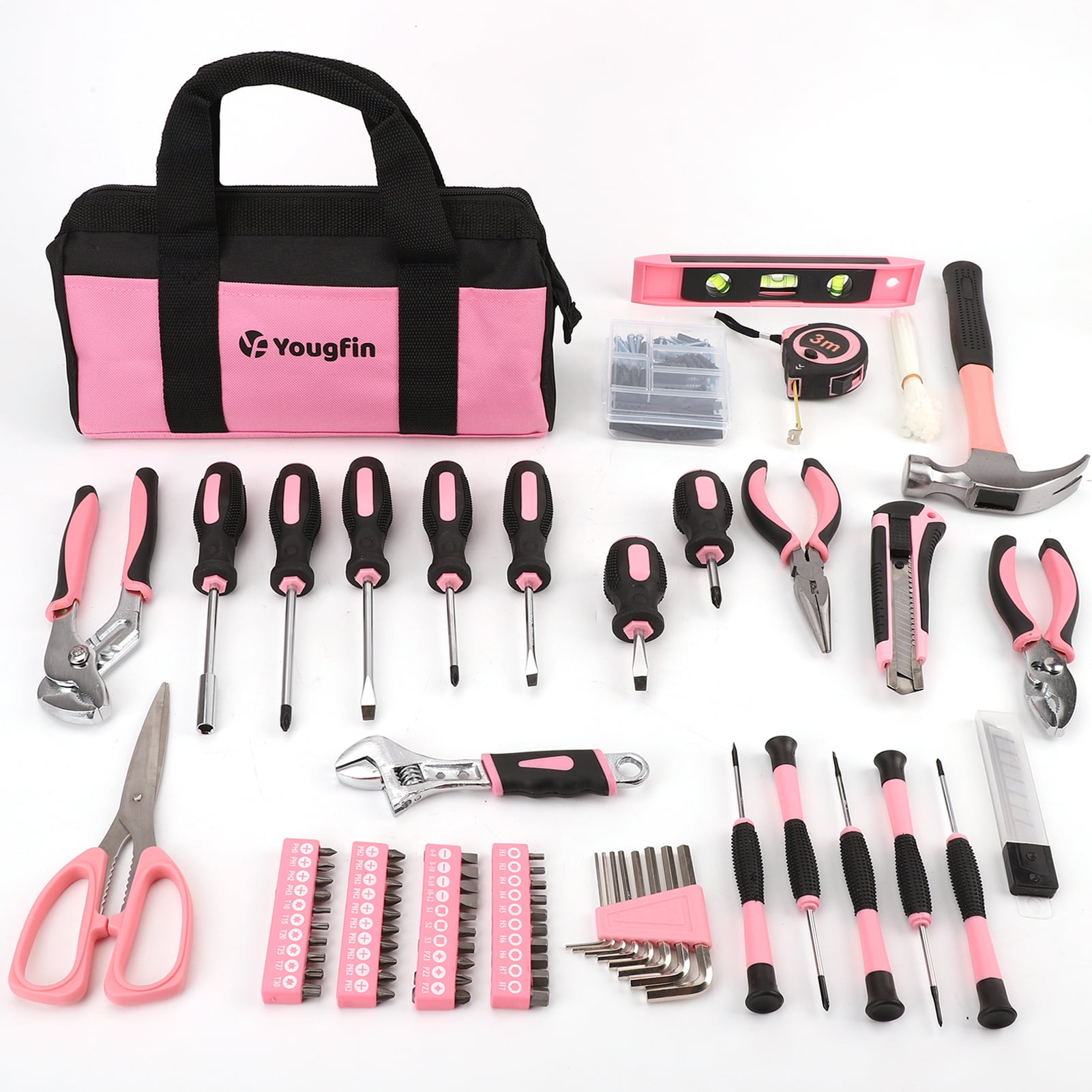 Yougfin 215 Pcs Pink Tool Set, Home Repairing Kit for Beginners ...