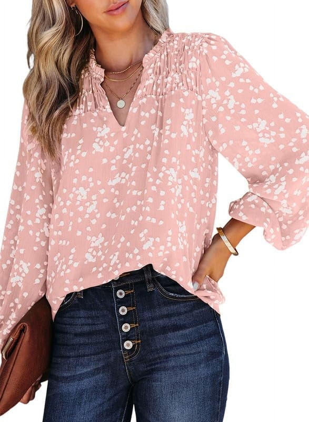 Youmei Blouses for Women Long Sleeve V Neck Smocked Tops Casual Boho ...