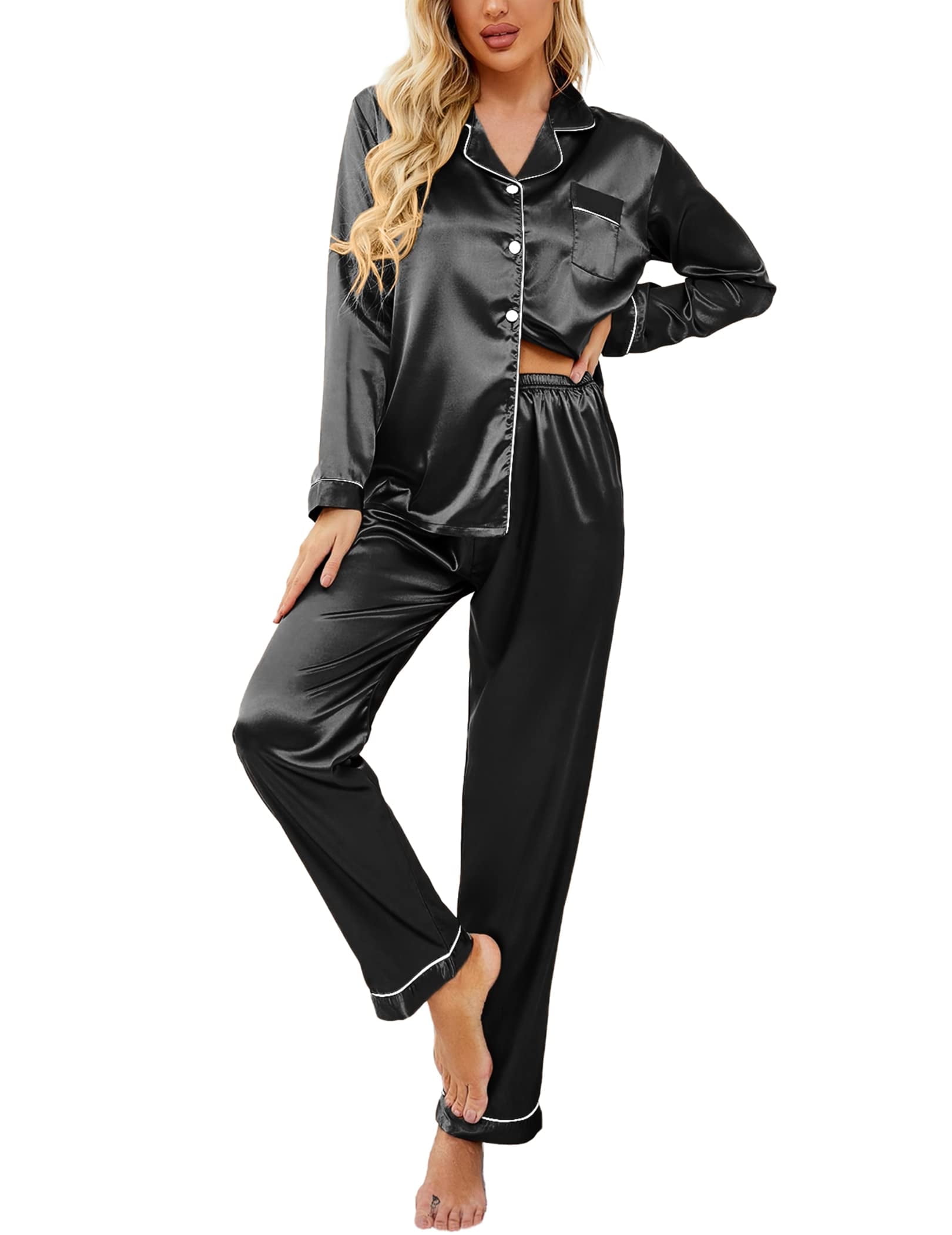 Youmei Women's Silk Satin Pajama Set Classic Button Down Long Sleeves ...