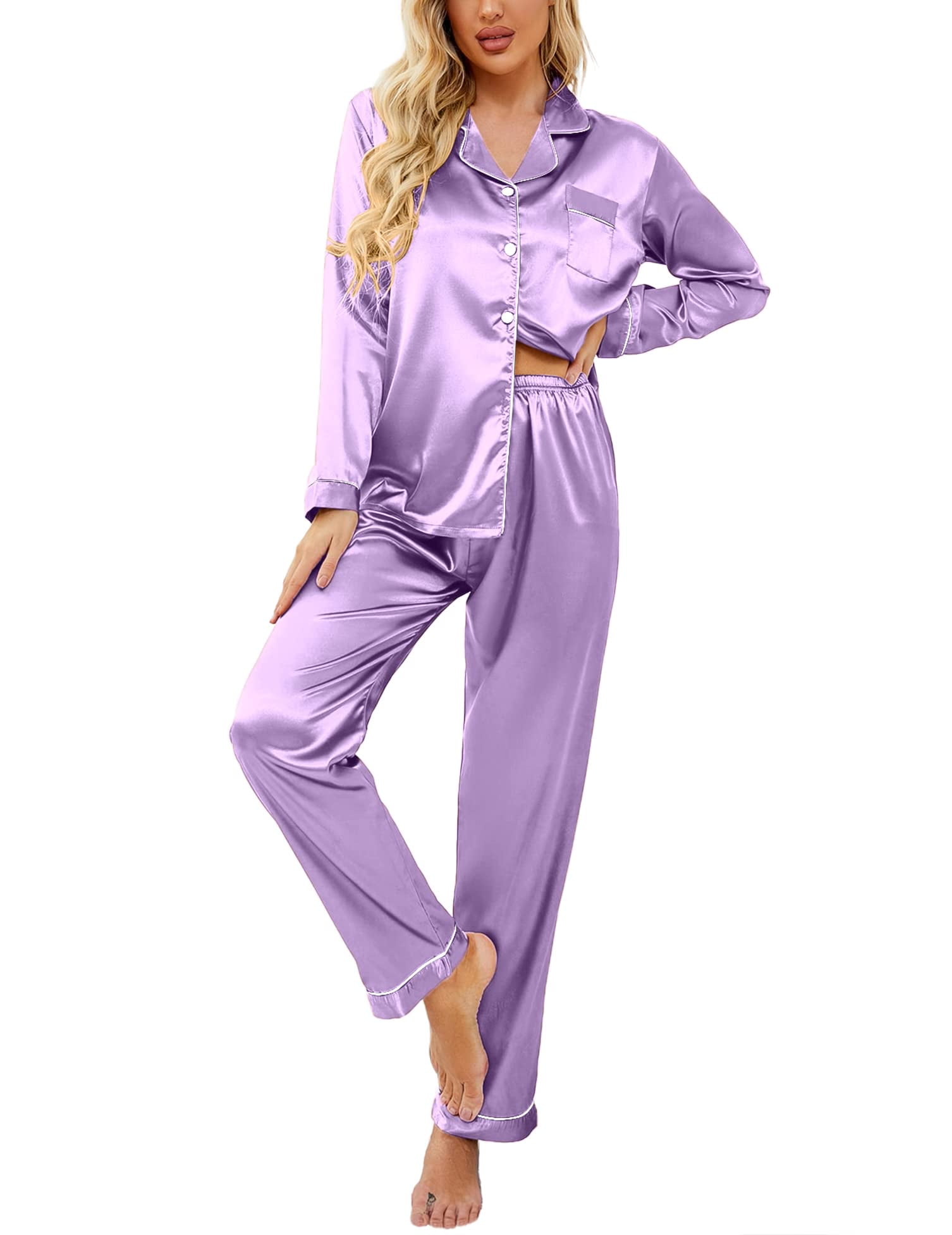 Youmei Women's Silk Satin Pajama Set Classic Button Down Long Sleeves ...