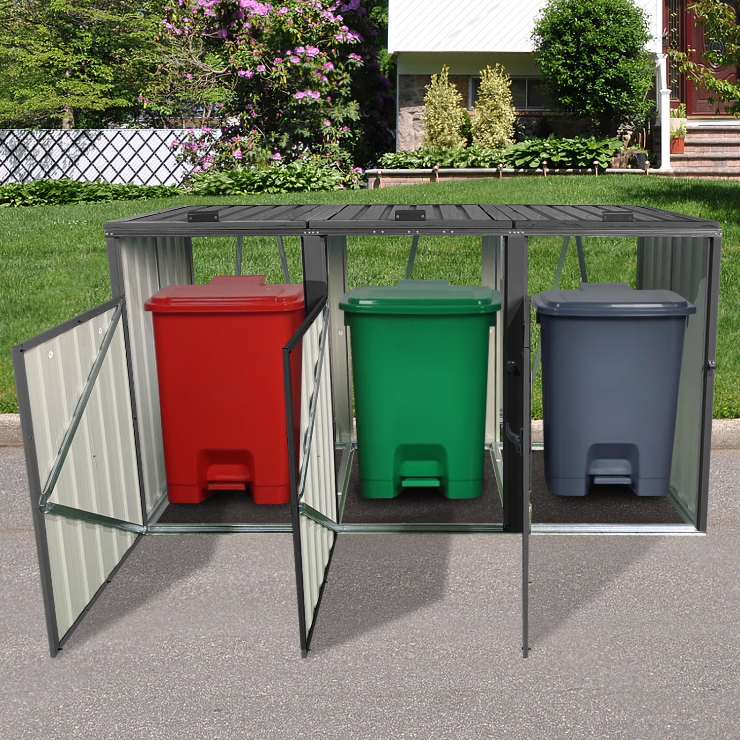 Youmumeub 3-Bin Outdoor Trash Can Enclosure, Heavy Duty Black Metal ...