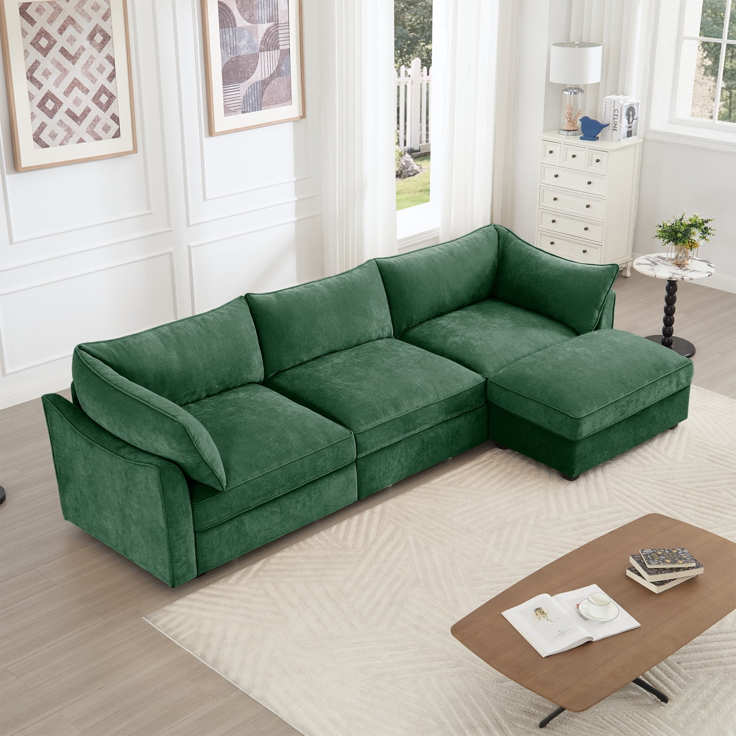Youmumeub 3-Seater Modern Sectional Sofa, Deep-Seat L-Shaped Couch with Movable Ottoman, Soft ...