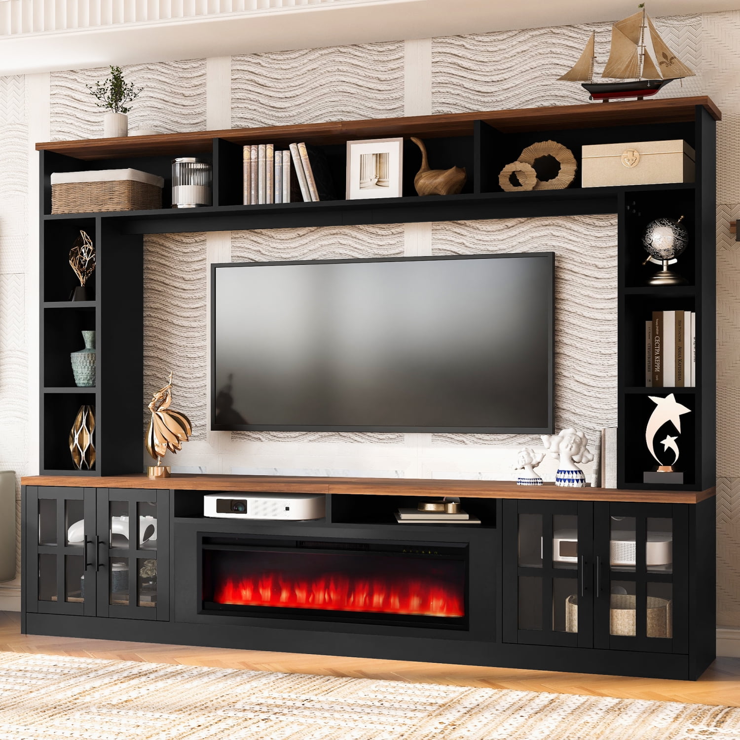 Youmumeub 95.5" Wide Media Wall Unit with 18 Shelves and Cable ...