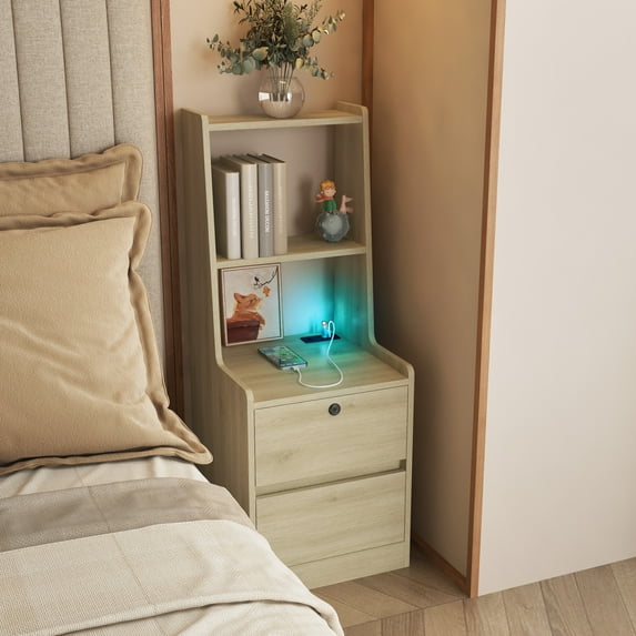 Youmumeub Tall Nightstand with Lockable Cabinet & Open Shelves ...