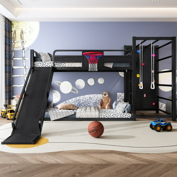 Youmumeub Twin Loft Bed with Slide, Climbing Wall & Built-In Storage ...