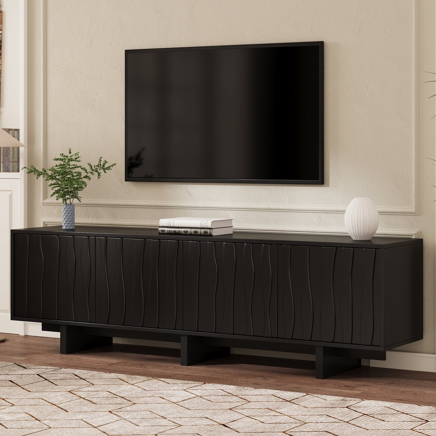 Youmumeub Wavy Door TV Cabinet for 75" TVs — Modern Retro Black Media ...