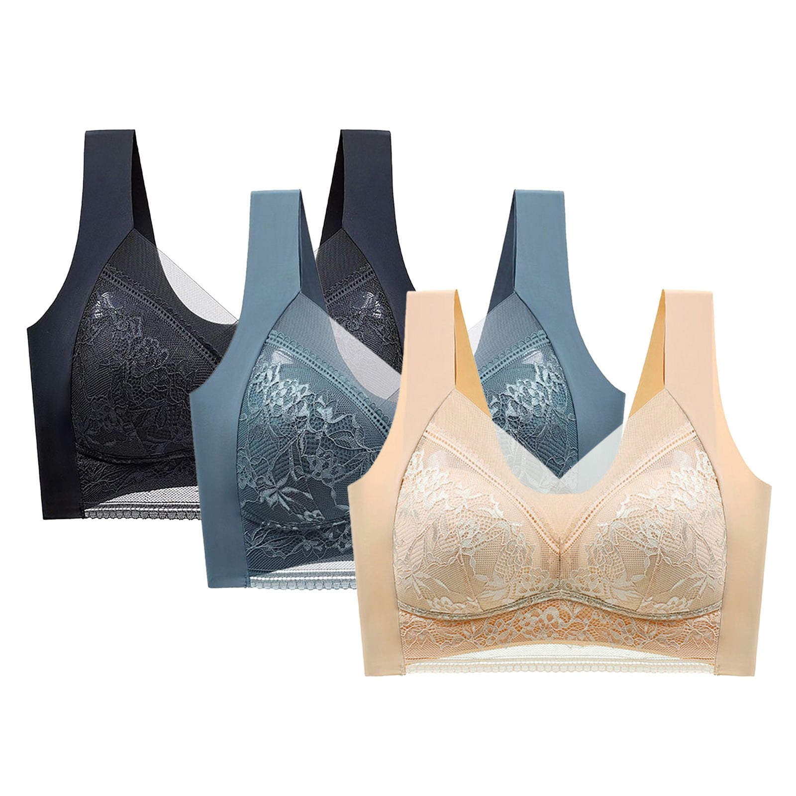 Youmylove 3-Pack Women Bra Front Side Buckle Lace Wireless Movement ...