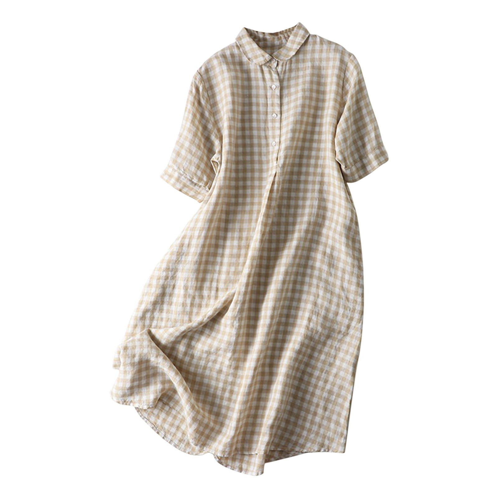 Youmylove Dress Women Linen Plaid Retro Everything Relaxed Fit Beach ...