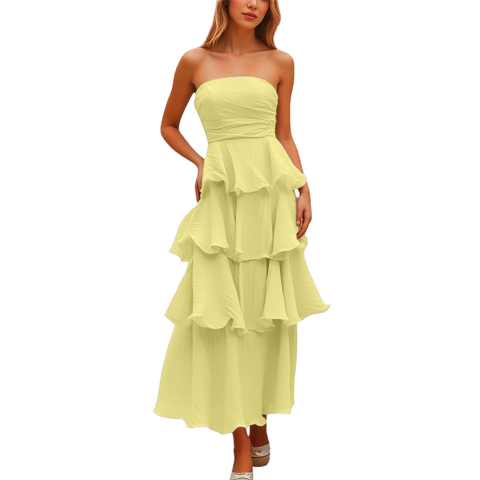 Youmylove Long Dresses for Women 2025 Strapless Ruffle Tiered Maxi ...