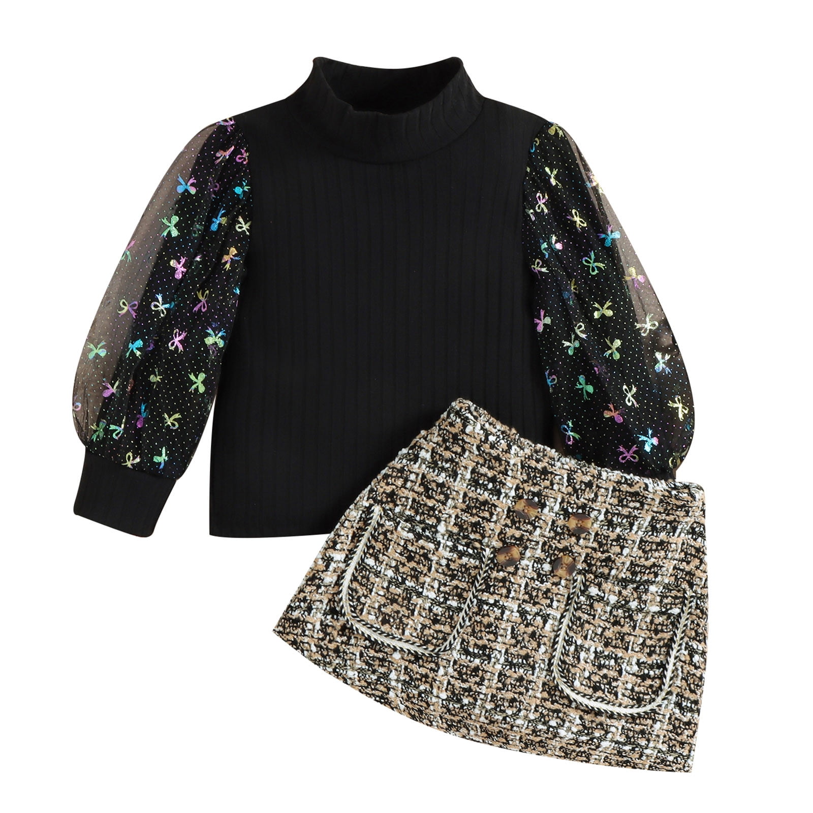 Youmylove Two Piece Girls Outfits Toddler Girls Long Sleeve Ribbed T Shirt Tops Plaid Skirt ...