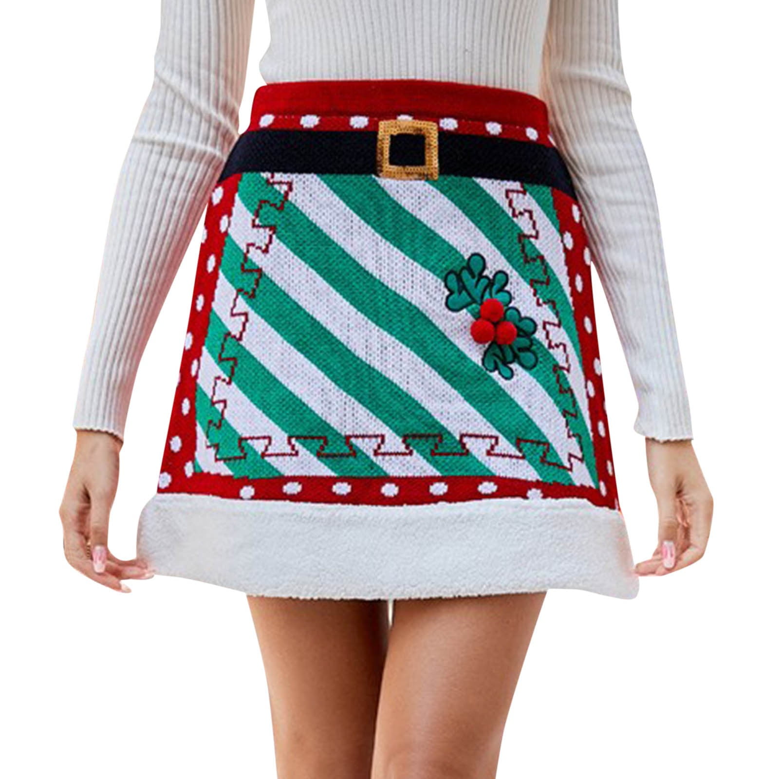 Youmylove Women Christmas Knit Mini Skirt Dots Mistletoe Pattern Sequin ...