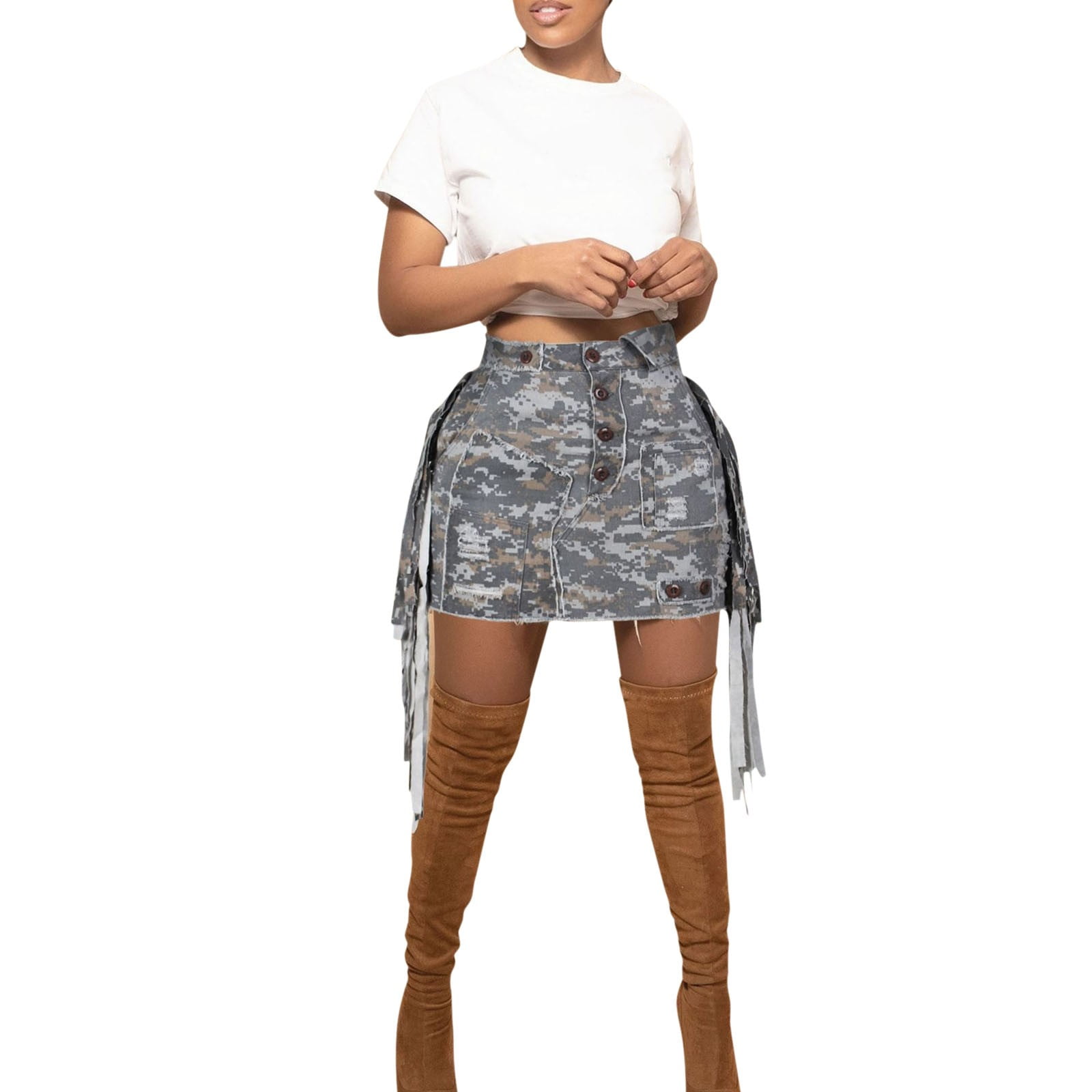 Youmylove Women Fashion Camo Cargo Skirt High Split Button Ripped Hem ...