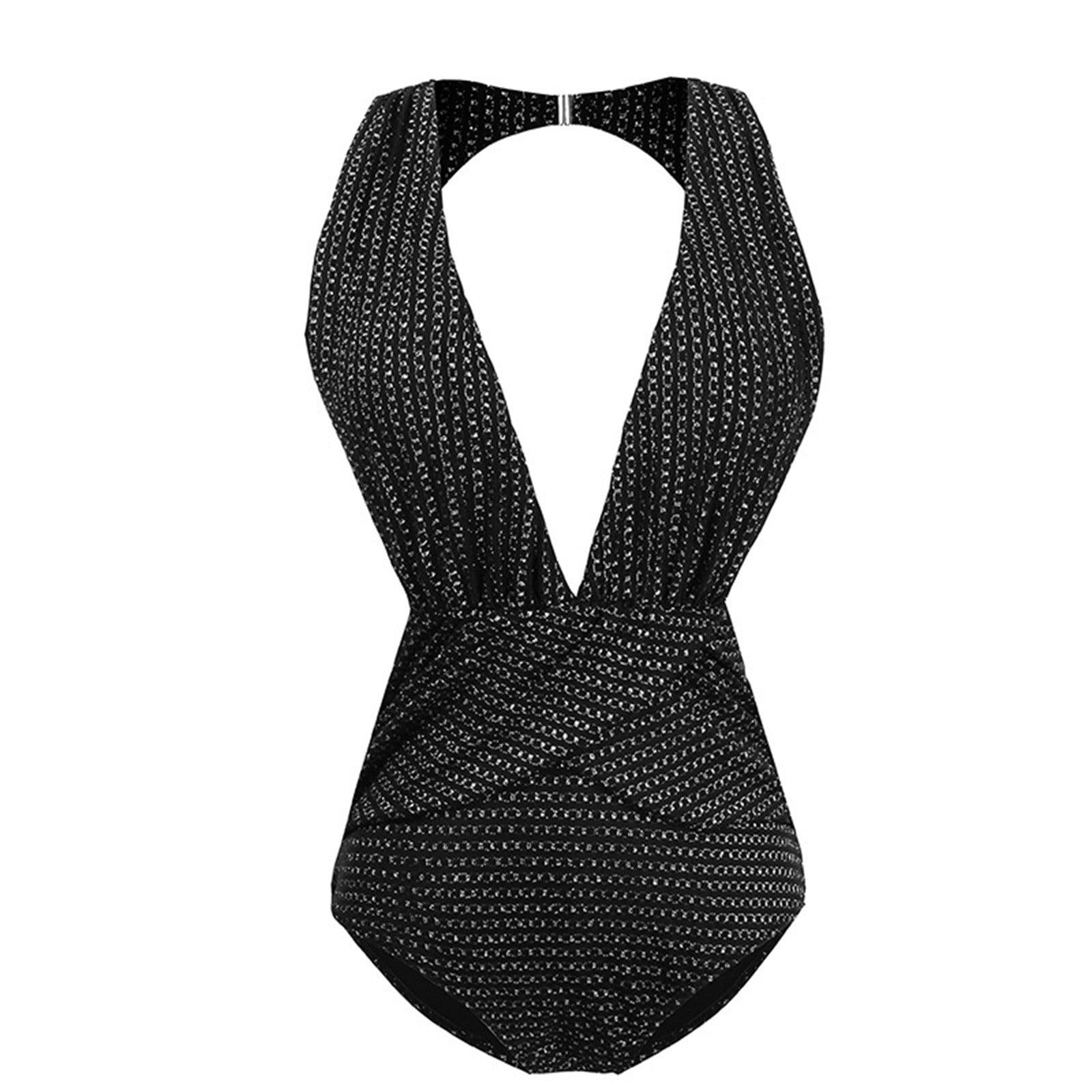Youmylove Women Swimsuit Solid Color Chain High Waist Bodysuit Monokini