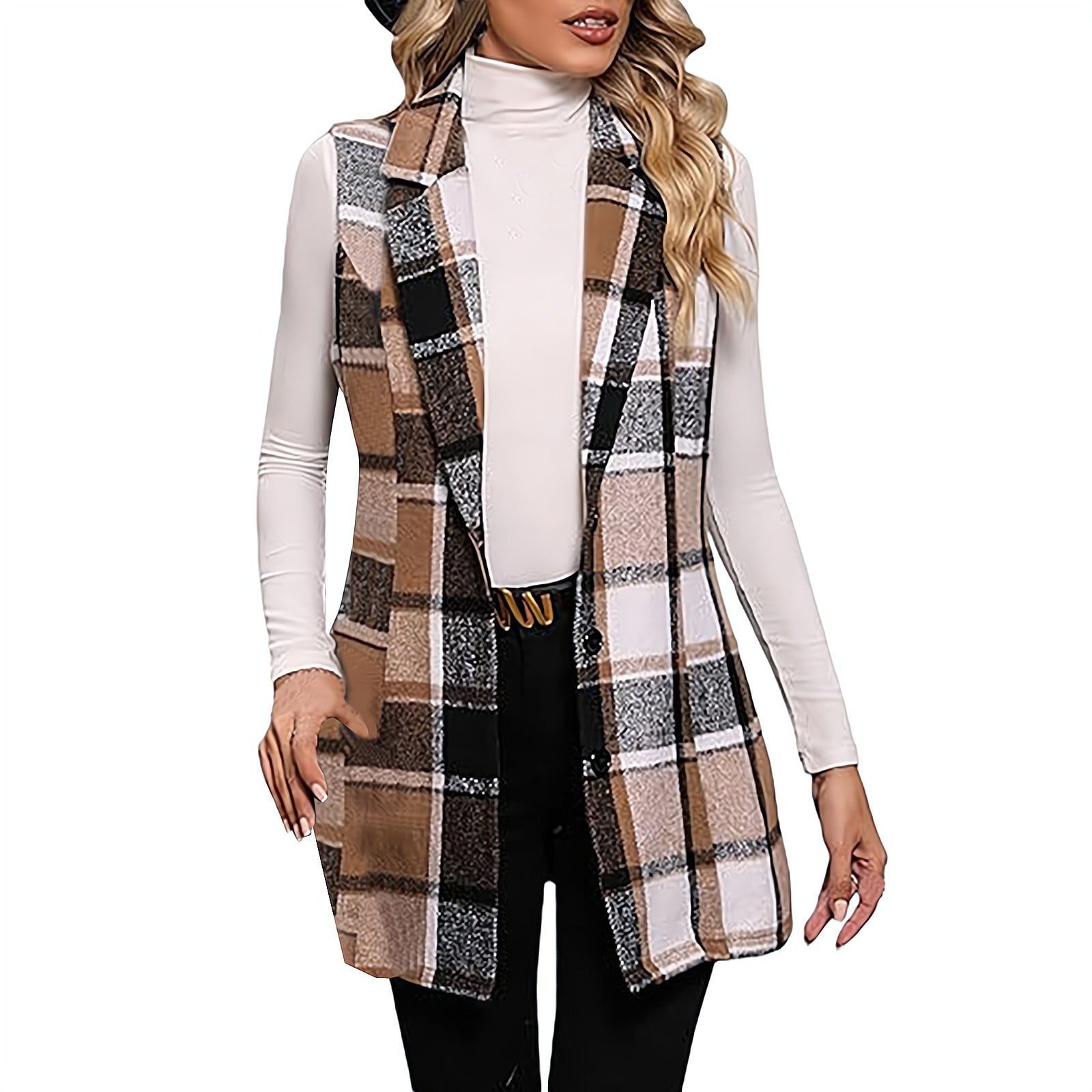 Youmylove Womens Coats Plaid Vest Coat Leisure Lapel Neck Button Front ...