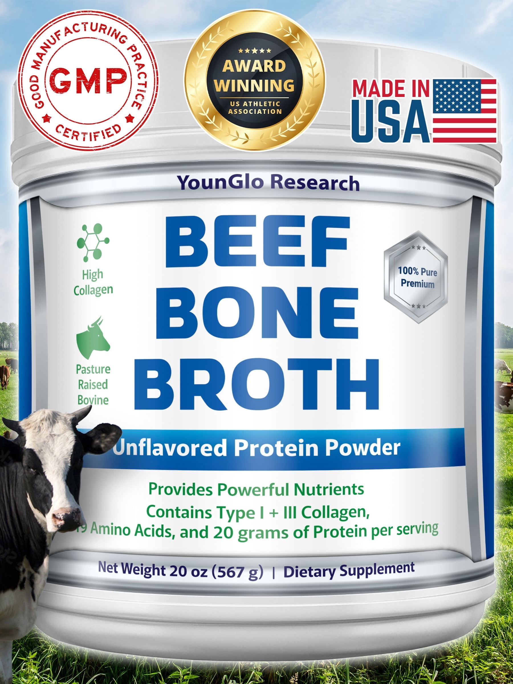 YounGlo Research Instant Bone Broth Protein Powder Dietary Supplement ...