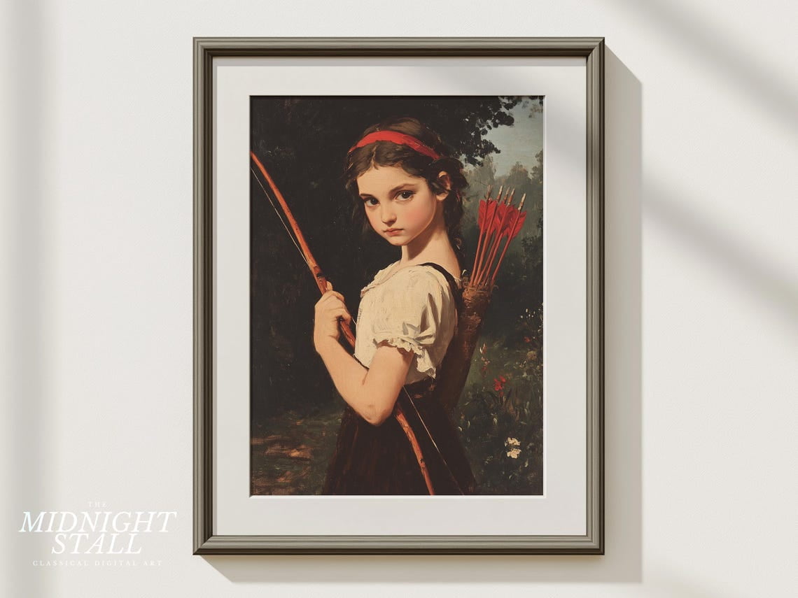 Young Girl With Red Bow And Arrows, Opulent Classic Art Print, Kids ...