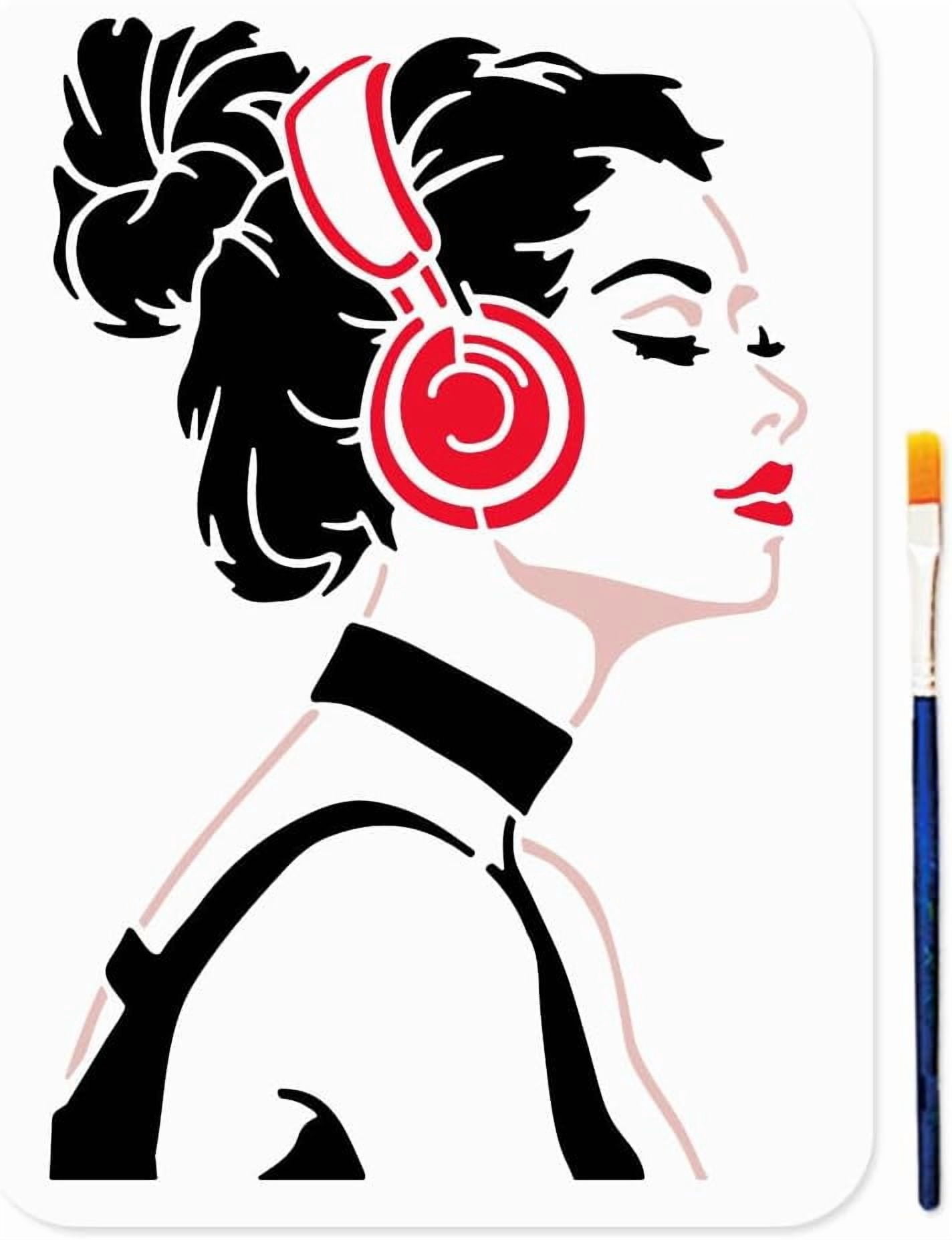 Young Lady Stencil 11.7x8.3inch Reusable Headphones Music Stencils for ...