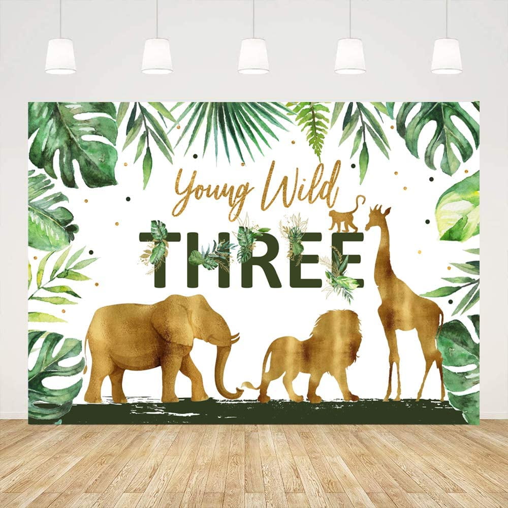 Young Wild Three 3rd Birthday Backdrop Jungle Safari Animals Background ...