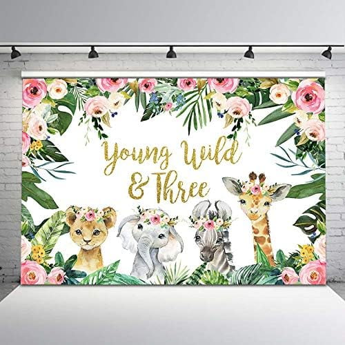 Young Wild and Three Birthday Backdrop Gold Safari Jungle Animals Third ...