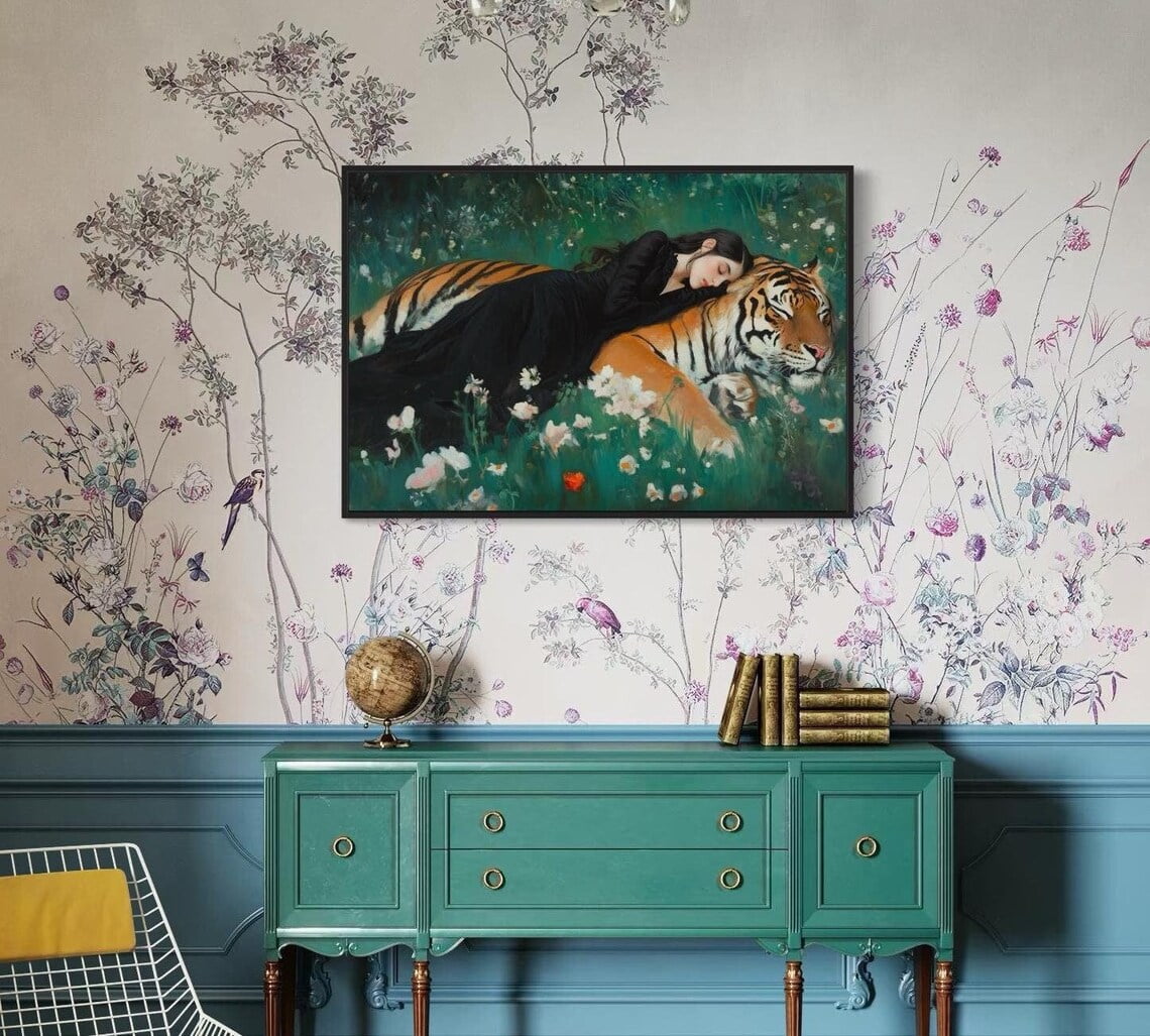 Young Woman In Wildflower Field On A Tiger - Moody Wall Art, Woman ...