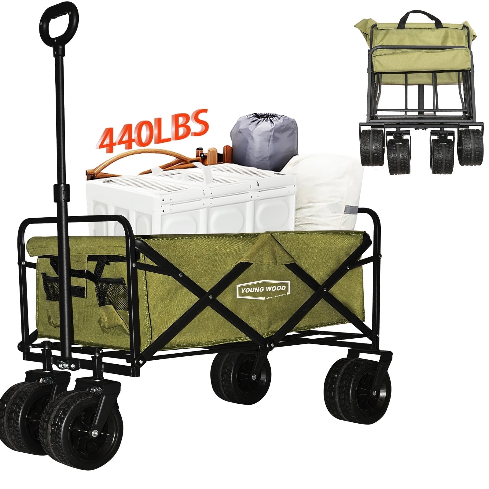 YOUNGWOOD Collapsible Wagon Outdoor Camping, Retractable Drawbar and ...