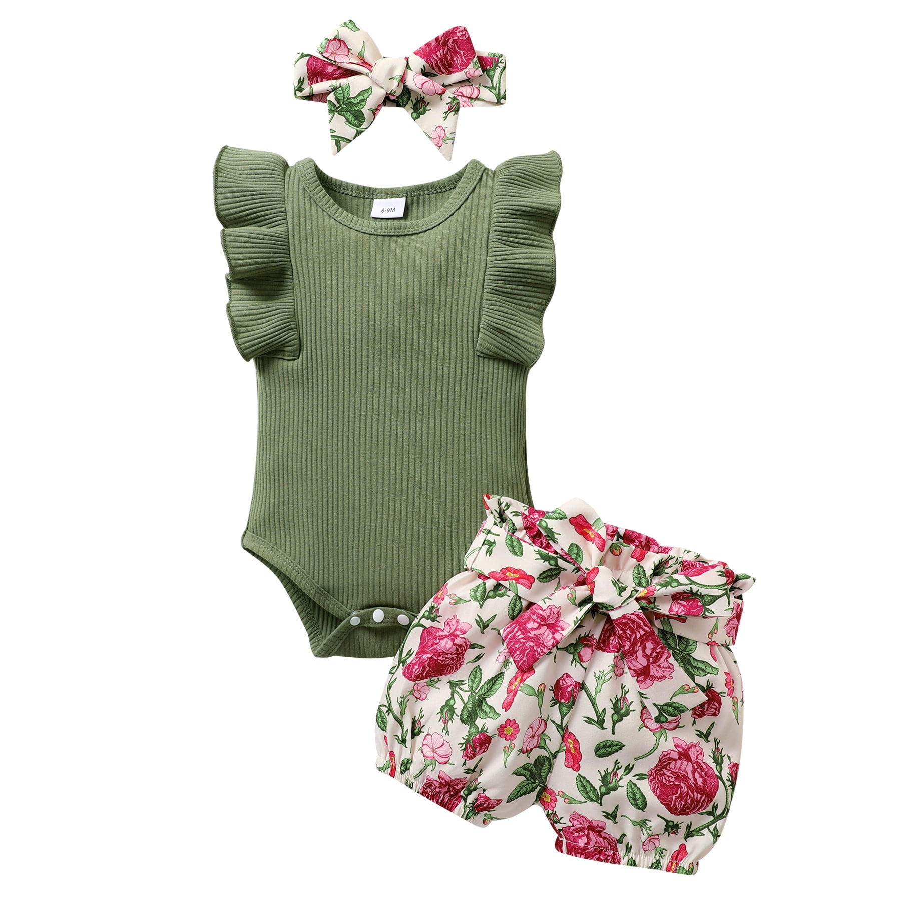 Younger Tree Baby Girl Clothes Infant Summer Outfits Set Ruffle Sleeve Romper and Floral Shorts ...