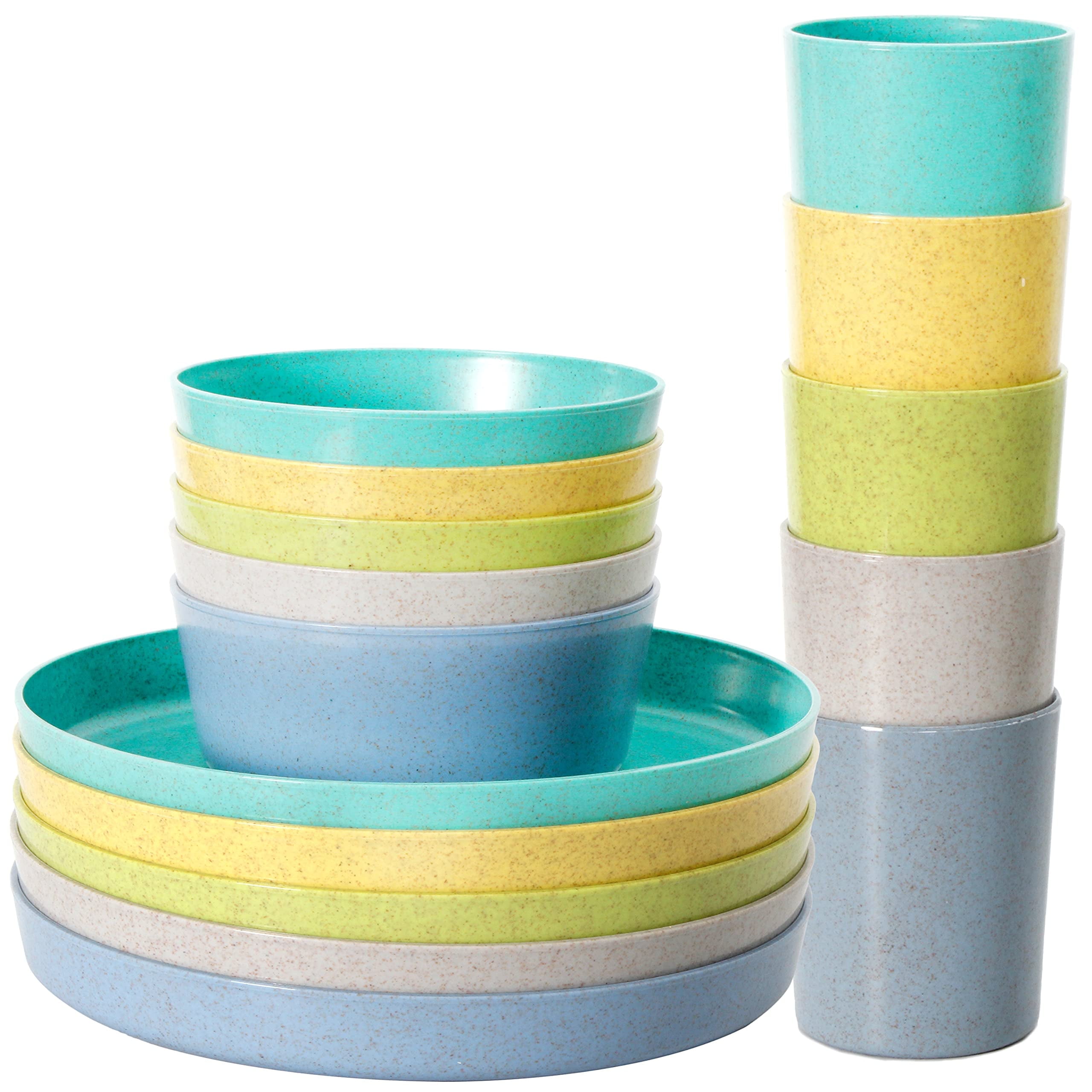 Youngever Bamboo Plastic Kids Dinnerware Set (15pcs Bowls, Plates, Cups ...