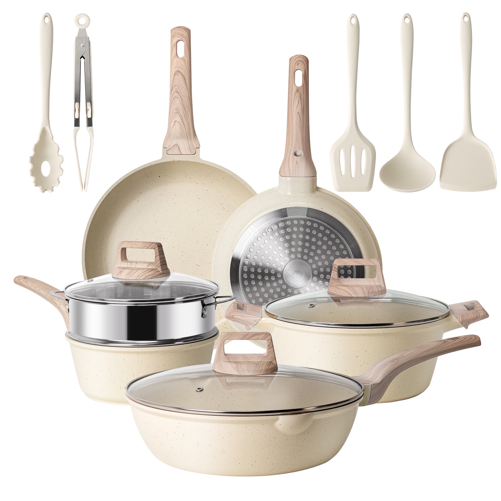 YOUNGHOME 14 Pcs Nonstick Pots and Pans Cookware Set, Beige Granite ...