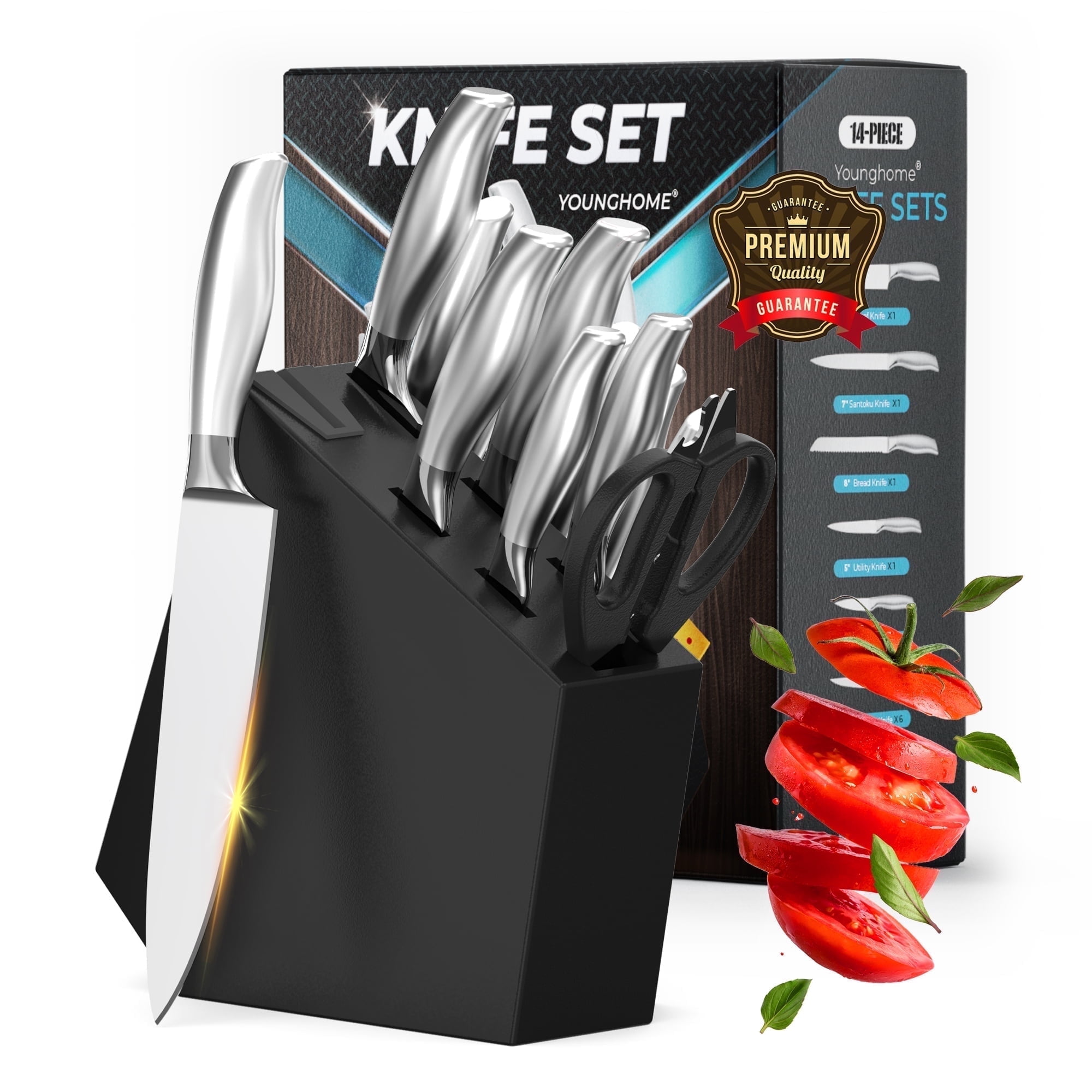 Younghome 14 Pcs Sharp Knife Set with Block Built-in Sharpener ...