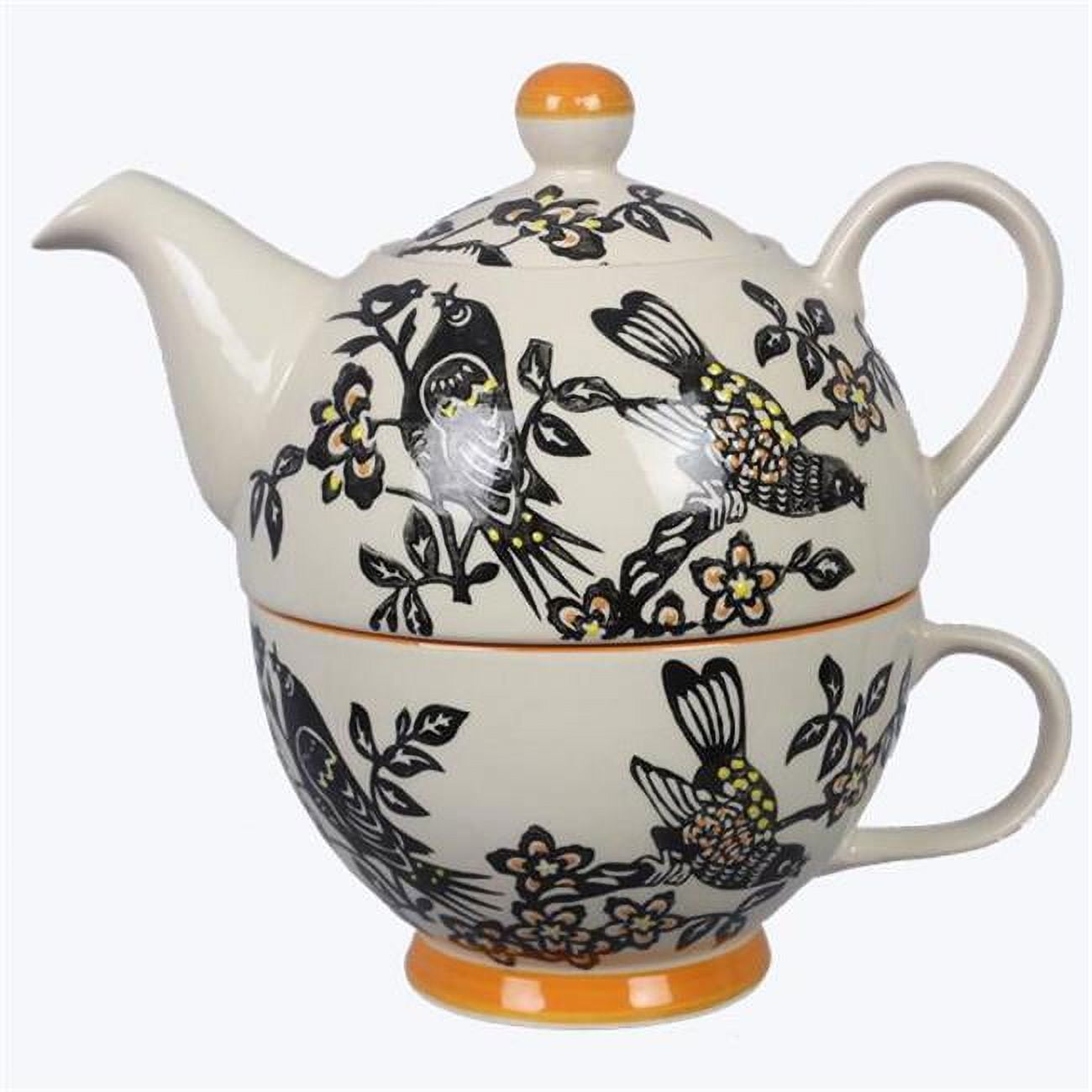 Youngs 11211 Stoneware Hand Stamped Teapot with a Cup - Walmart.com