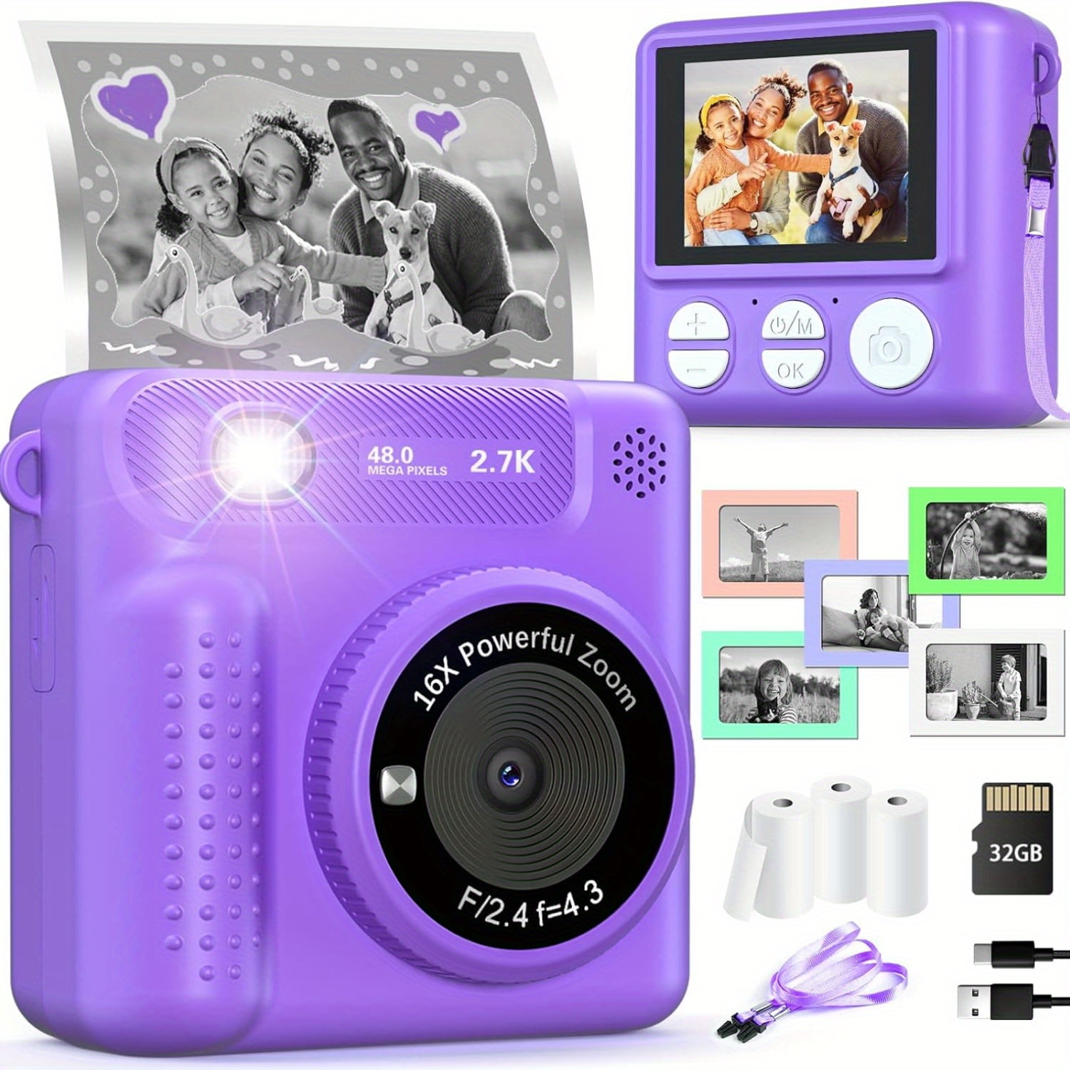 Youngsters' Instant Print Camera - 2.4" HD Video, 32GB Rechargeable ...